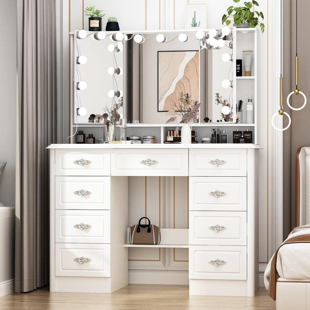 White Makeup Vanity Table Dressing Desk W/3-Mirrors,Lighted Mirror ...
