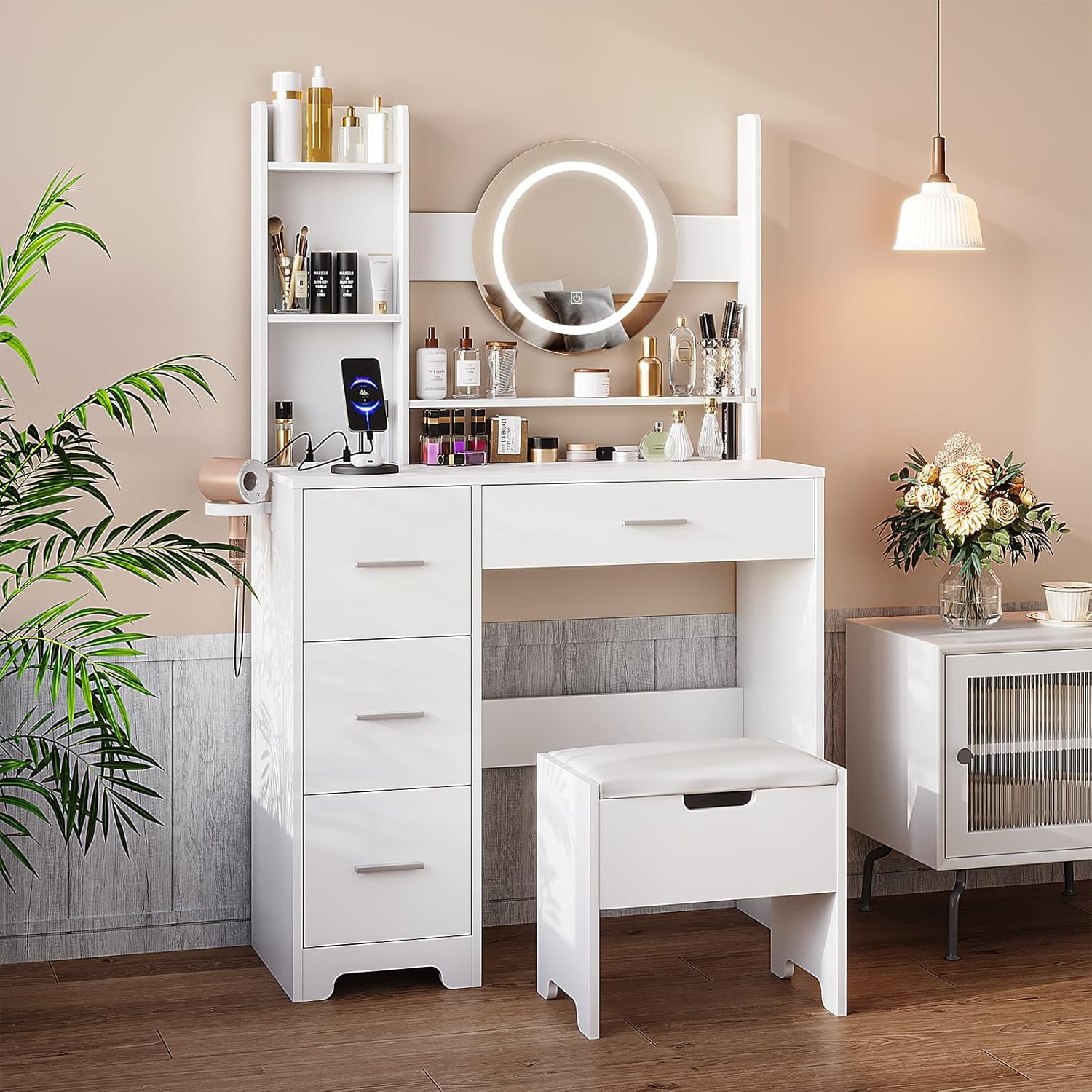 White Makeup Vanity with Lights, Adjustable 3 Lighting Modes, 4 Large ...