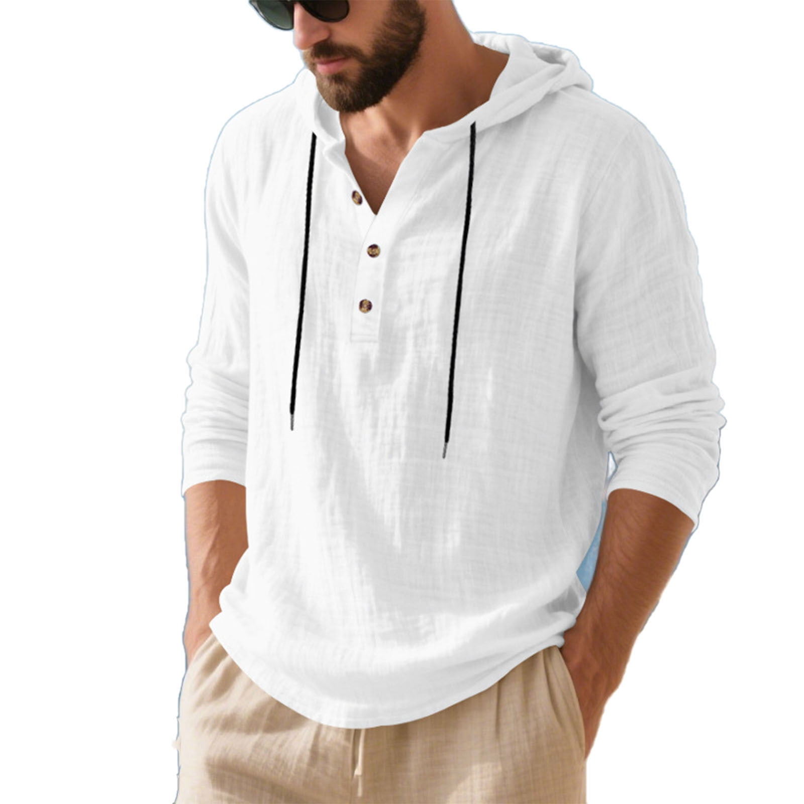 White Man Henley Faux Gauze Linen Beach Lounge Button Hood Coat for ...