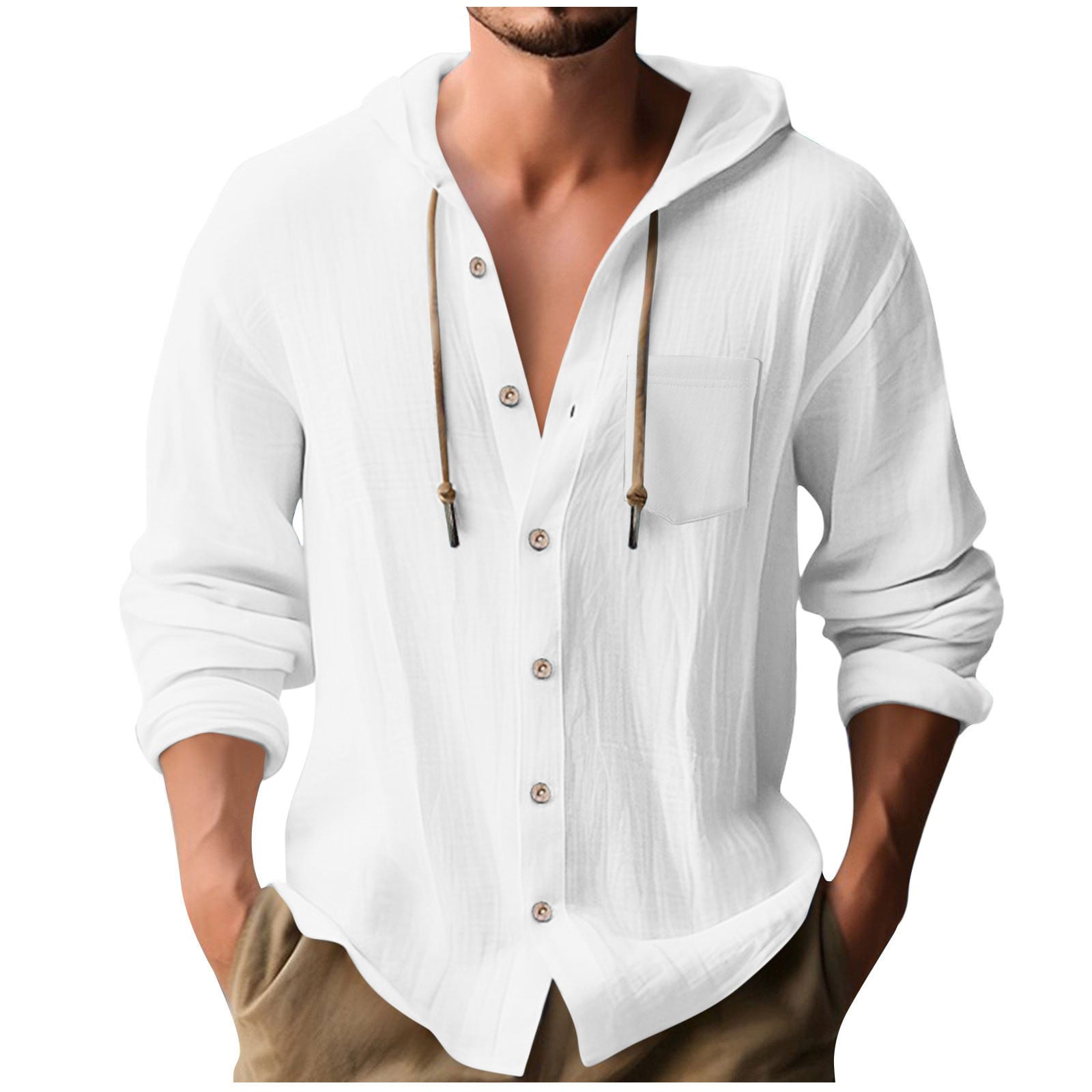 White Man Long Sleeve Hood Outfits for Mens Crewneck Faux Linen Lounge ...