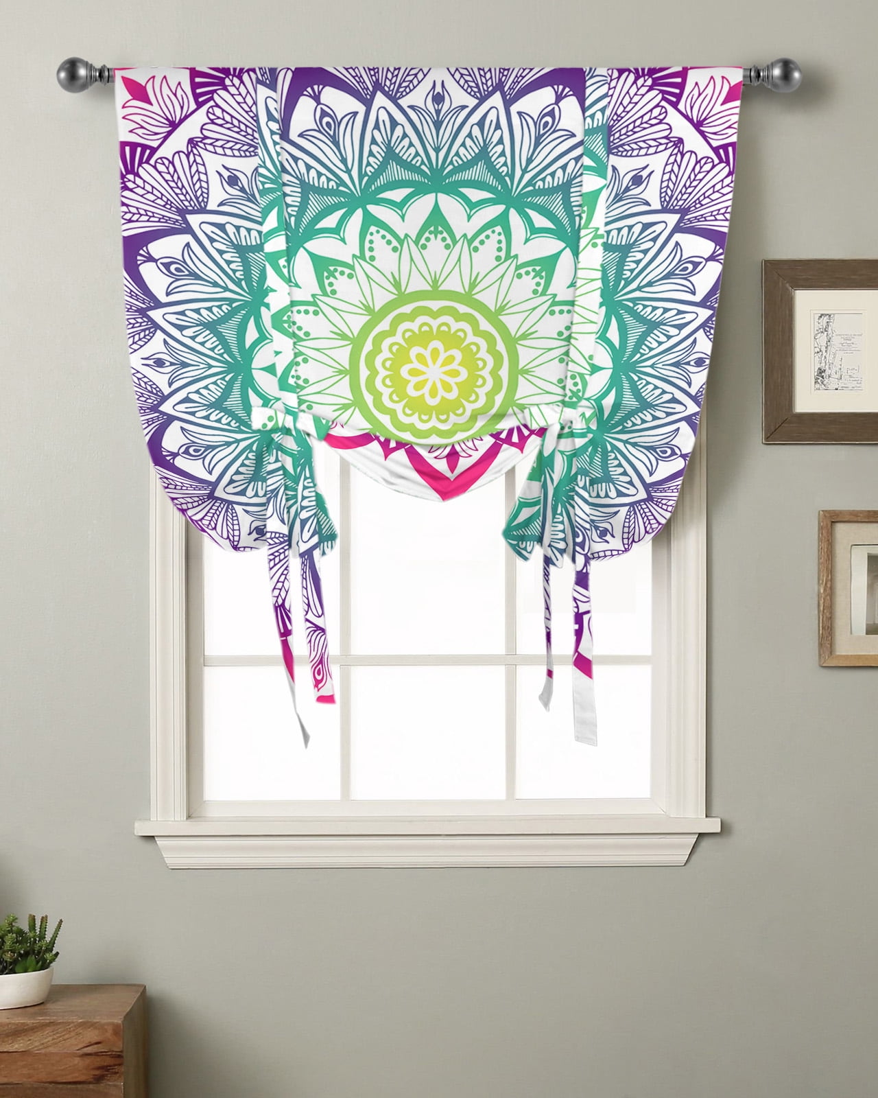 White Mandala Flower Boho Kitchen Short Window Curtain Rod Pocket ...