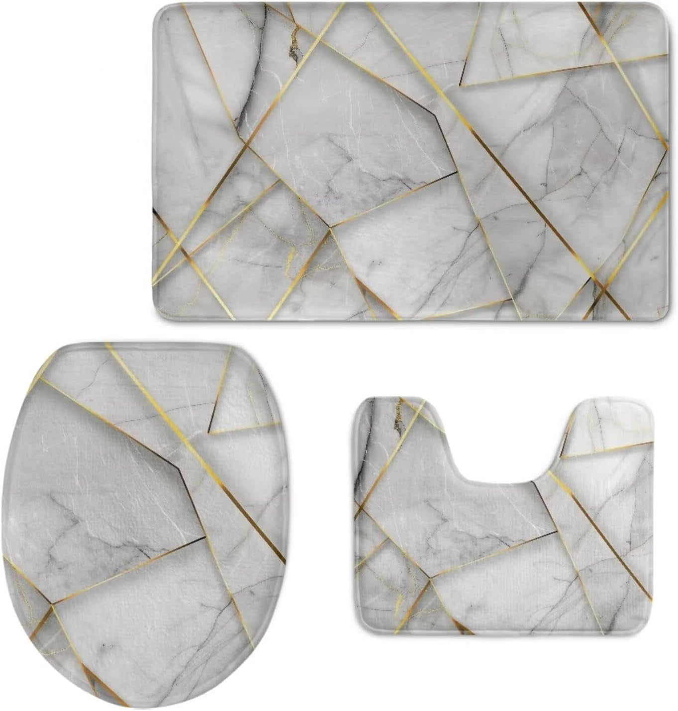 White Marble Bathroom Rug Set 3 Piece Soft Bath Mat with Toilet Lid ...