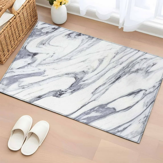White Marble Bathroom Rug Washable 2x3 Entryway Rug Non Slip Grey ...