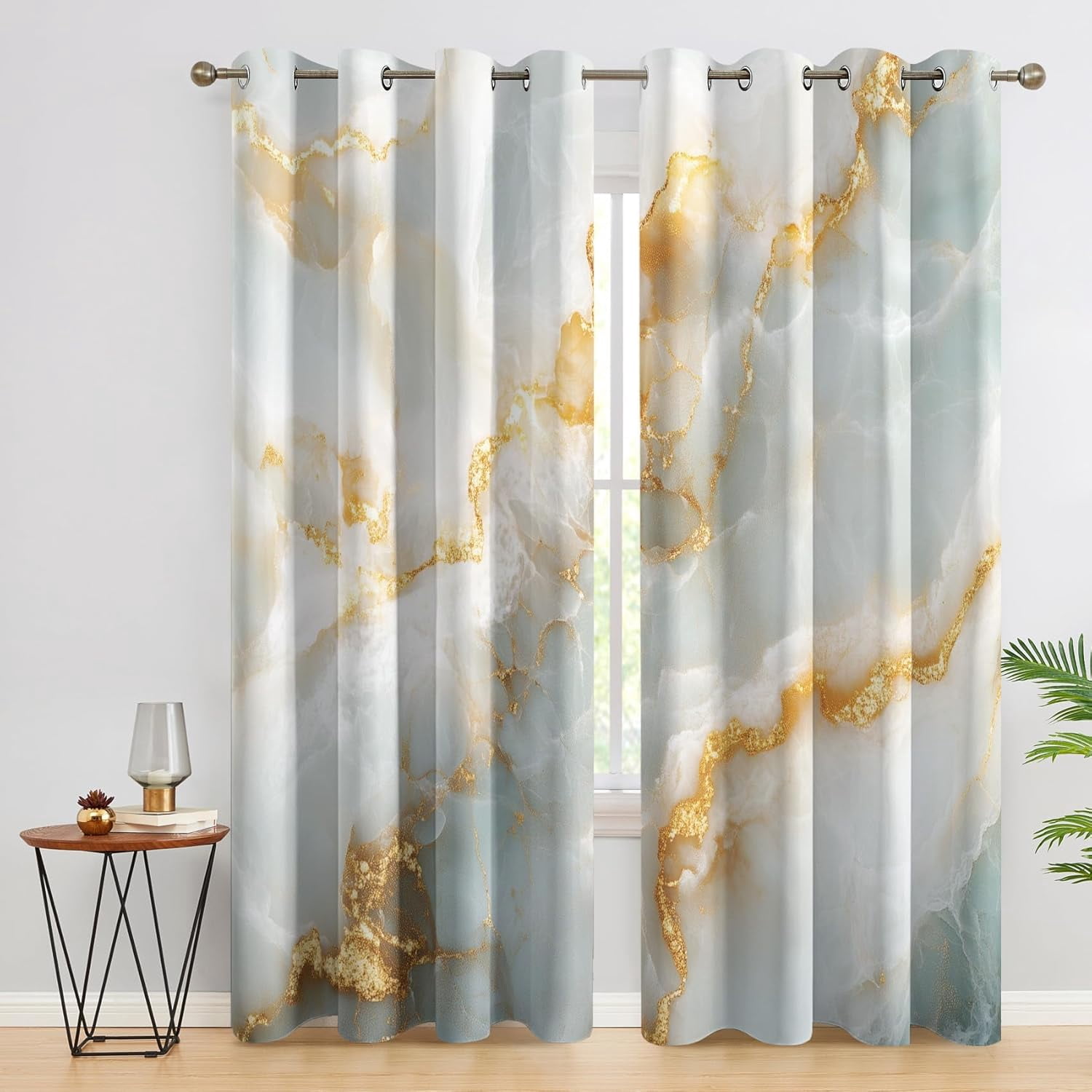 White Marble Curtains, Gold Texture Window Curtains, Modern Abstract ...