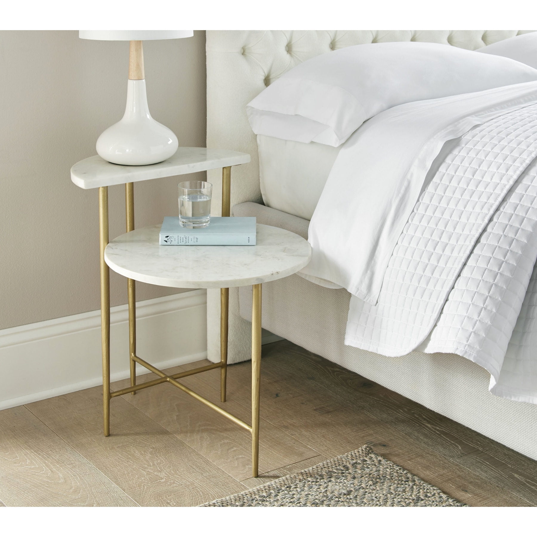 White Marble End Table | Multiple Storage Areas on Dual-Level Surface ...