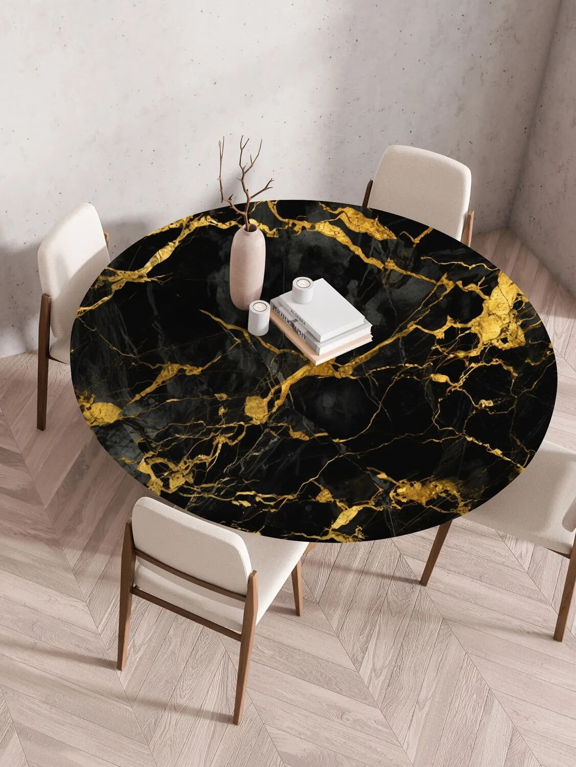 White Marble Gold Fitted Round Tablecloth Black Marble Table Covers ...
