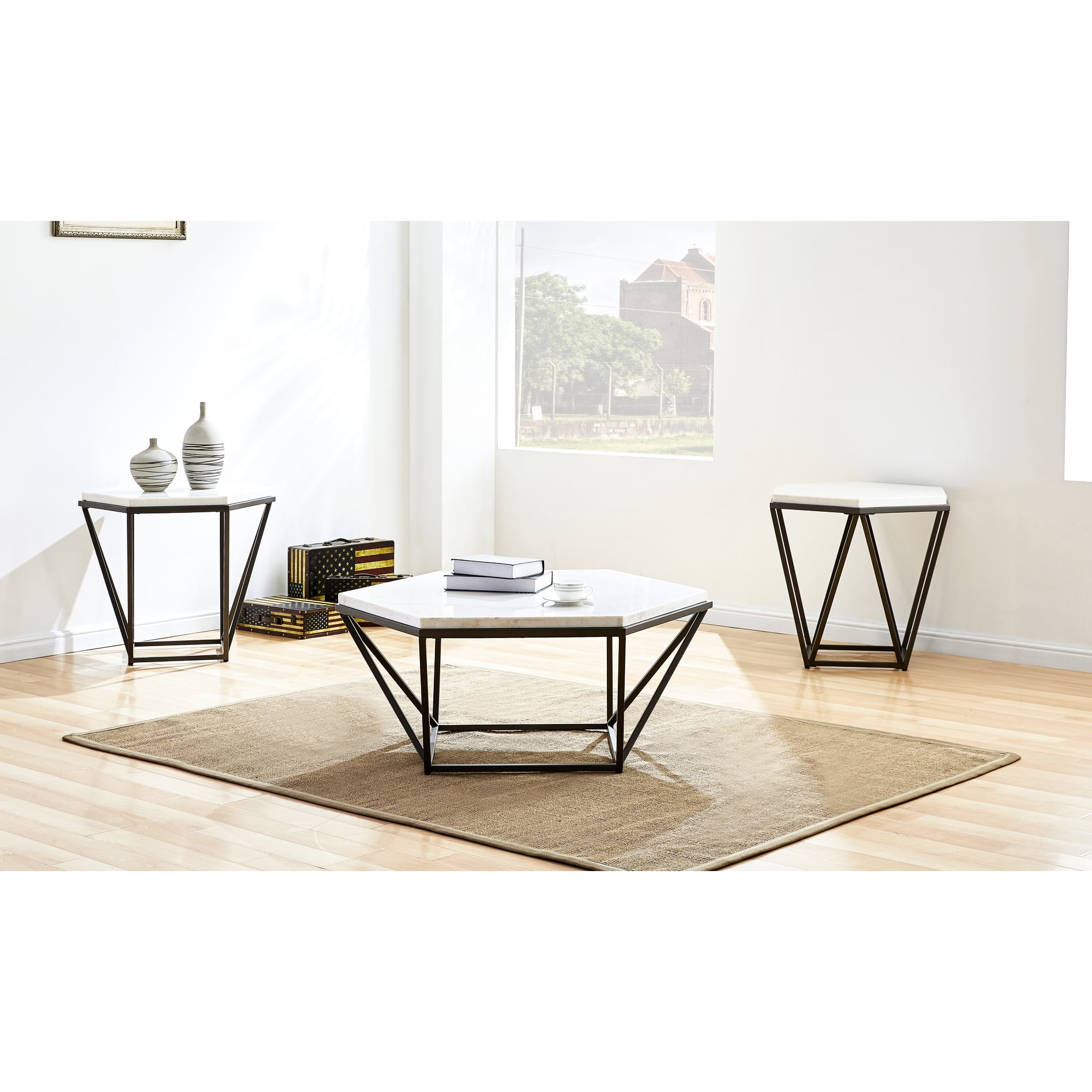 White Marble Hexagon 3 Piece Table - Coffee Colored Metal Base For Durability And Appeal ...