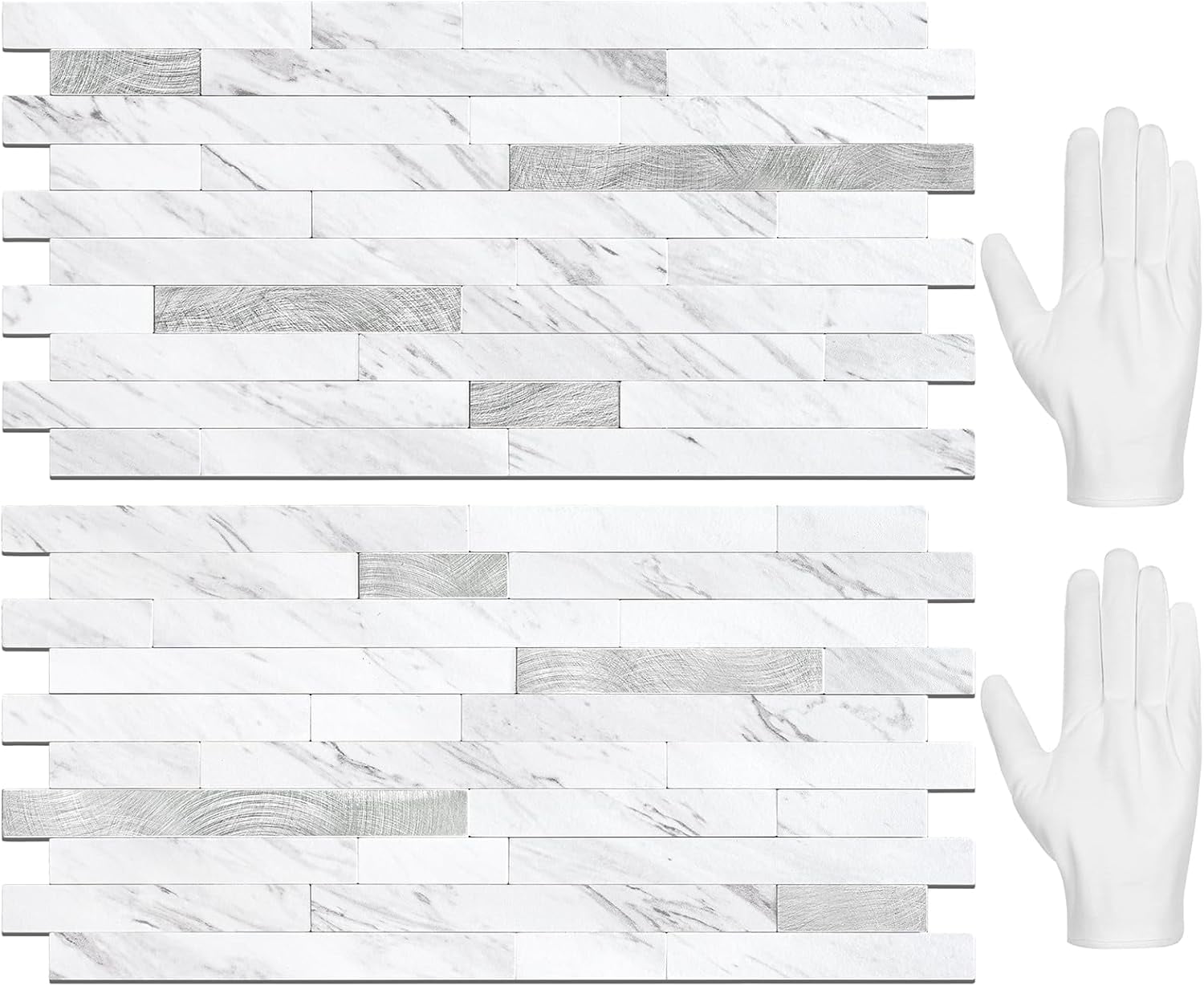 White Marble Look PVC Mixed Metal Silver Self Adhesive Wall Tiles, 20 ...