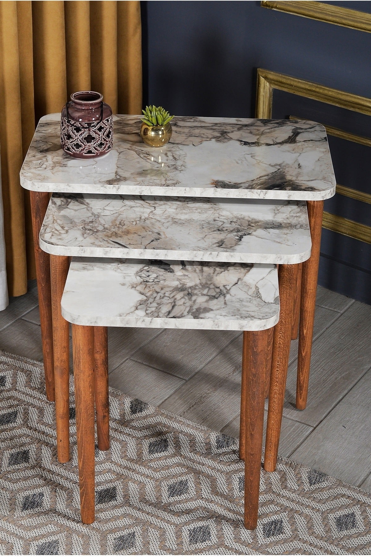 White Marble Nesting Coffee Table with Wooden Legs,Rectangular Set of 3 ...