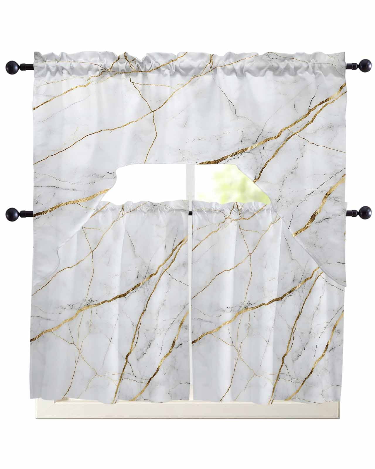 White Marble Pattern Kitchen Curtains Sets 24 Inch Length with Valance ...