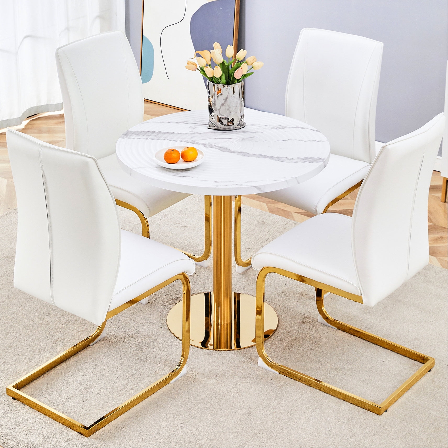 White Marble Pattern Round Dining Table Set for 4 | Durable MDF Top ...
