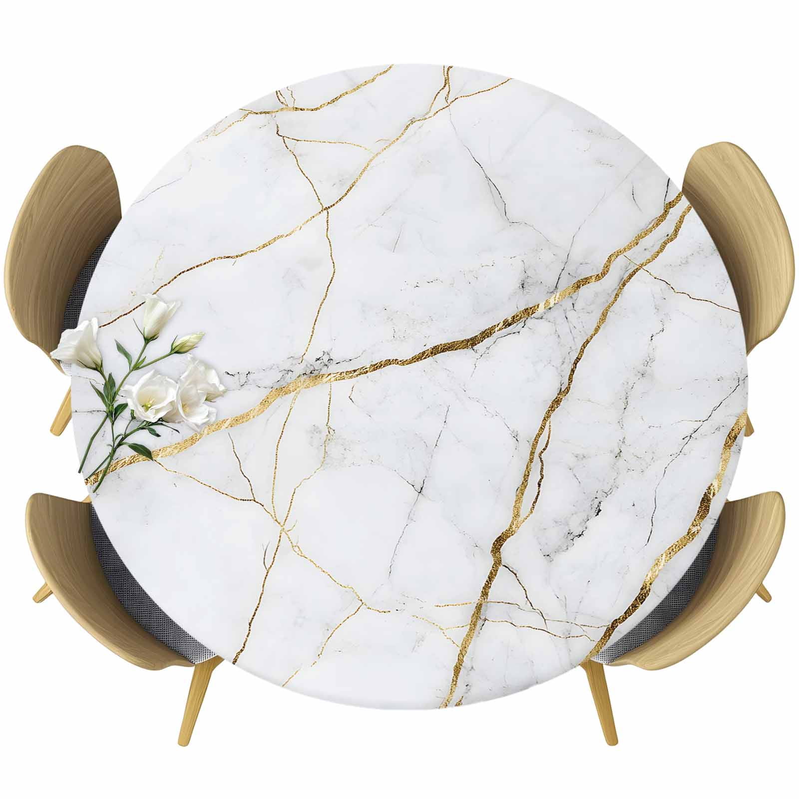 White Marble Pattern Round Tablecloth 55-60 Inch Round Fitted Table ...