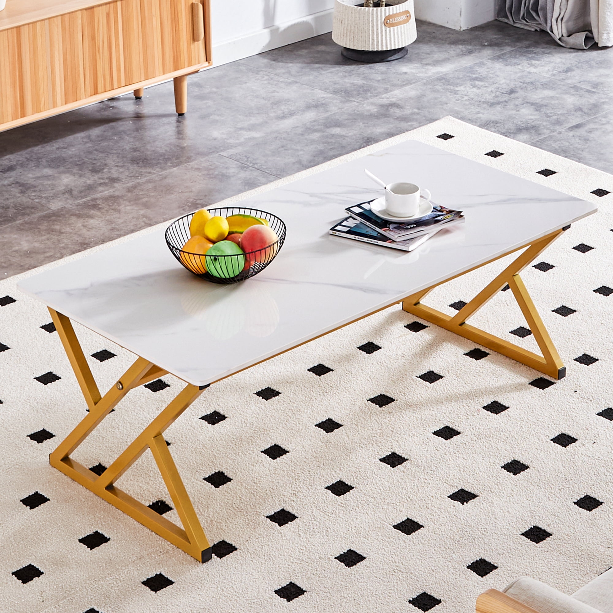 White Marble Patterned Coffee Table with Gold Metal Legs, Modern 47 ...
