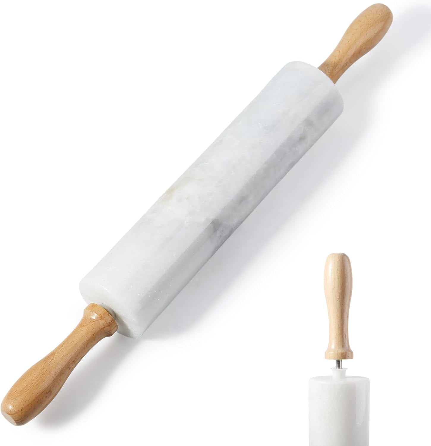 White Marble Rolling Pin With Wooden Handles & Wood Cradle, 18 Inch ...