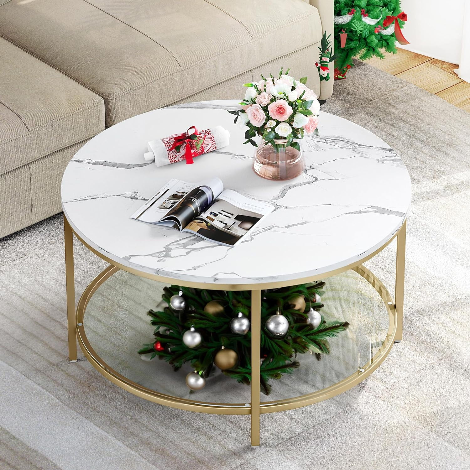 White Marble Round Coffee Table with Glass for Living Room, 2-Tier ...