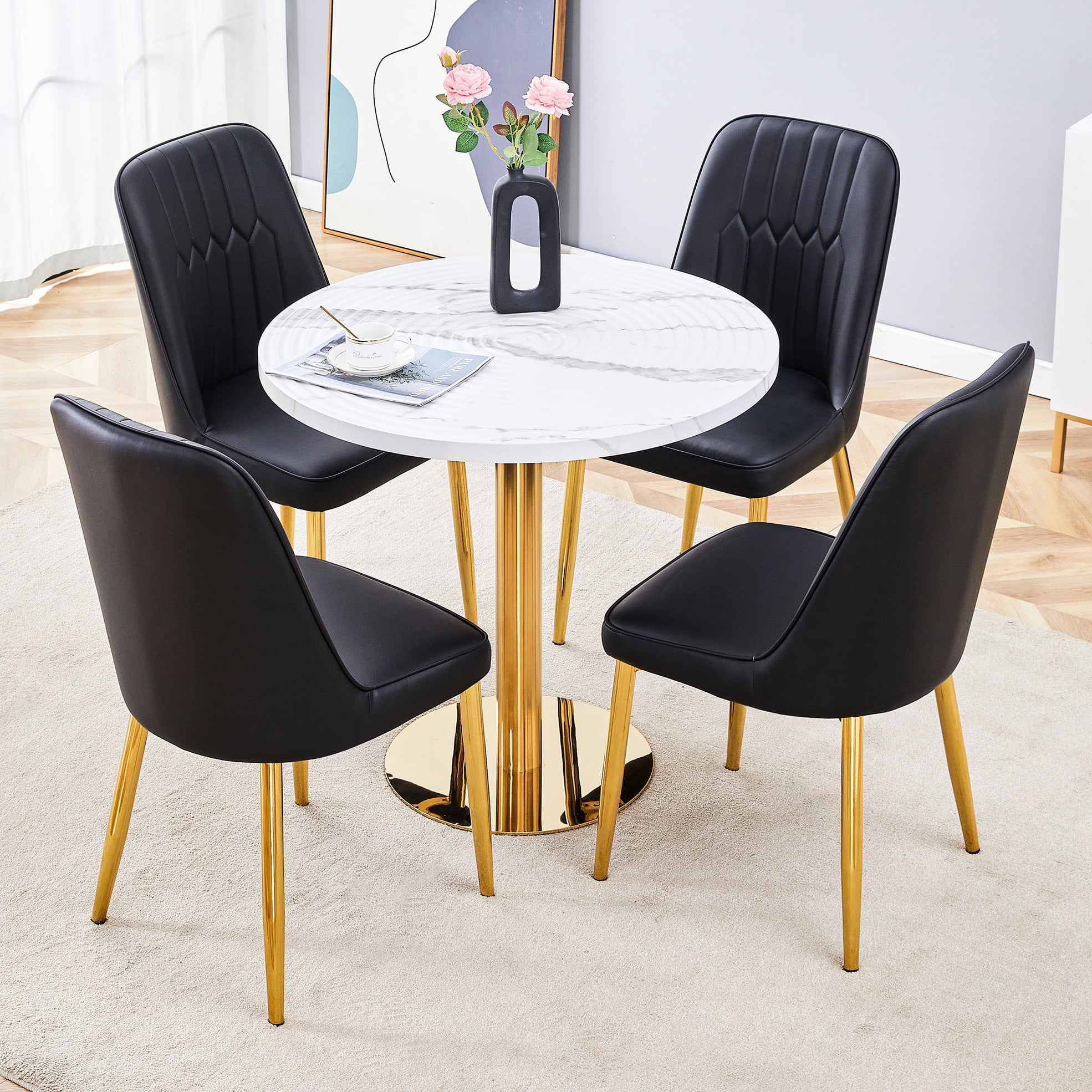 White Marble Round Table With 4 Black Pu Chairs - Exquisite Design For ...