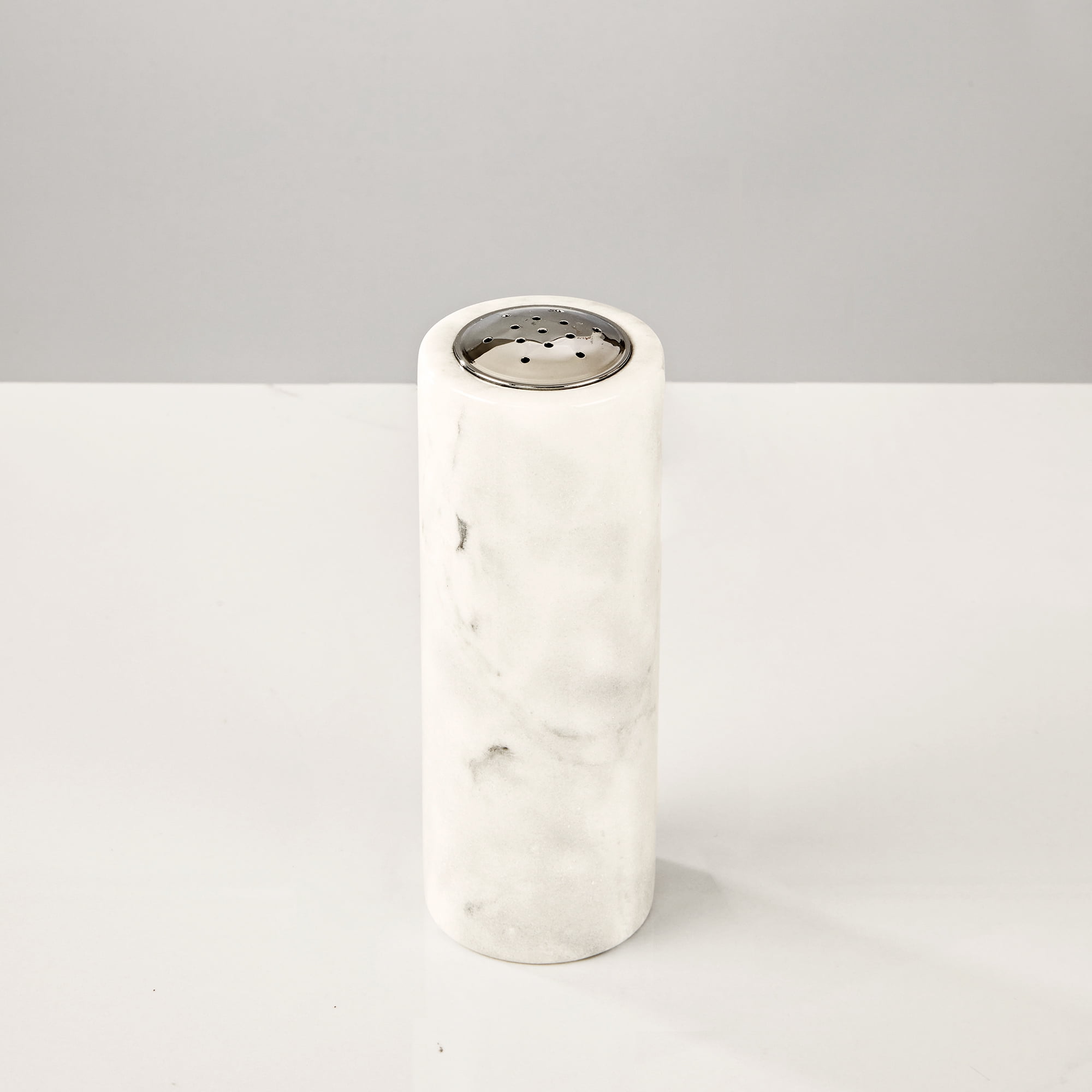 White Marble Salt-Pepper Shaker with Grey Veining and Stainless Steel ...