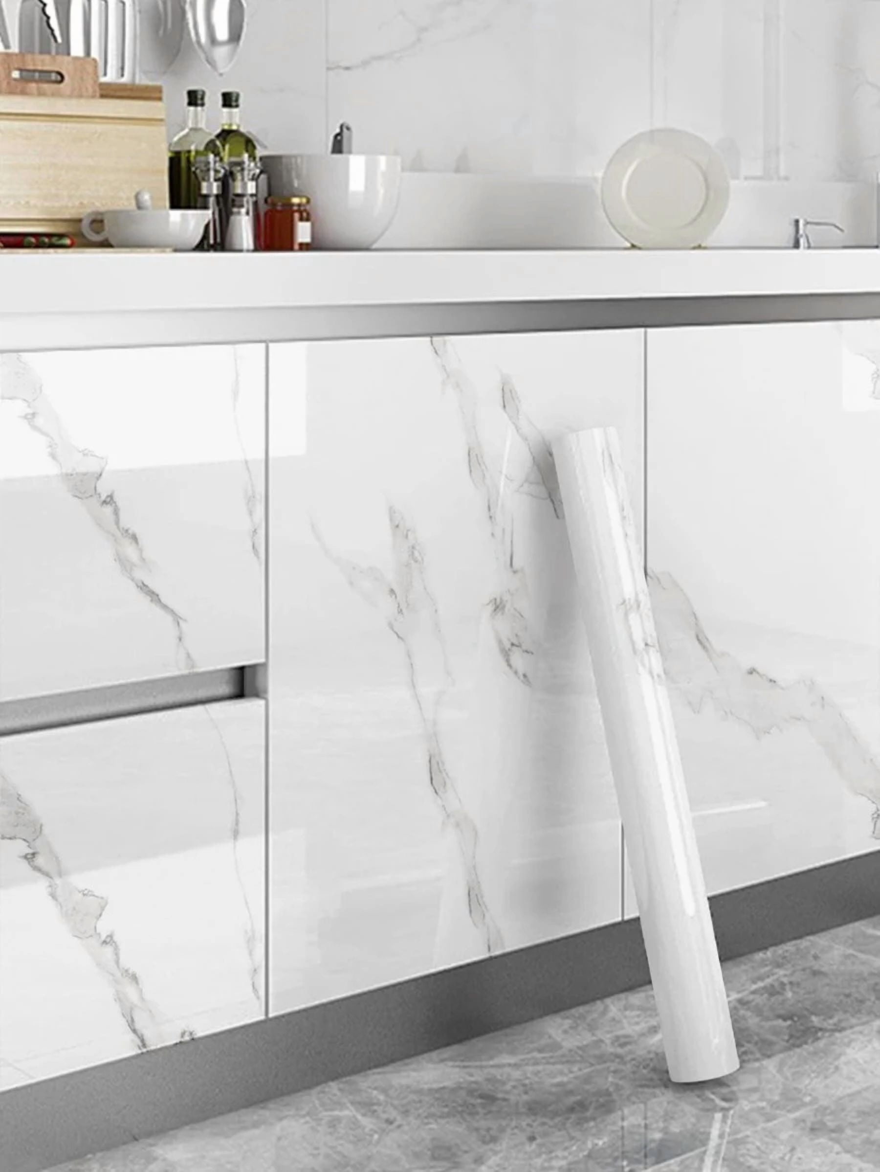 White Marble Self-Adhesive Kitchen Sticker, Oil-Proof Waterproof ...