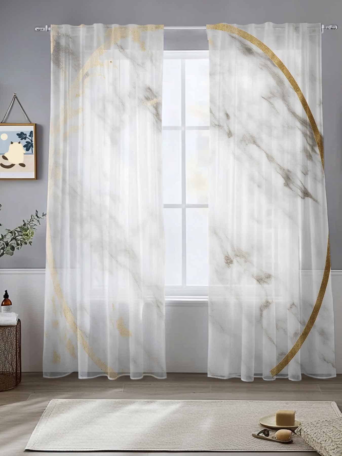 White Marble Sheer Curtains 96 Inches Long 2 Panels Abstract Gold ...
