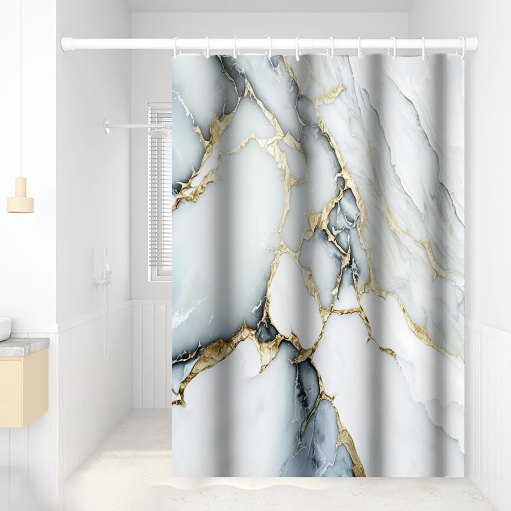 White Marble Shower Curtain Set for Bathroom Abstract Luxury Waterproof Fabric RV Stall Home ...