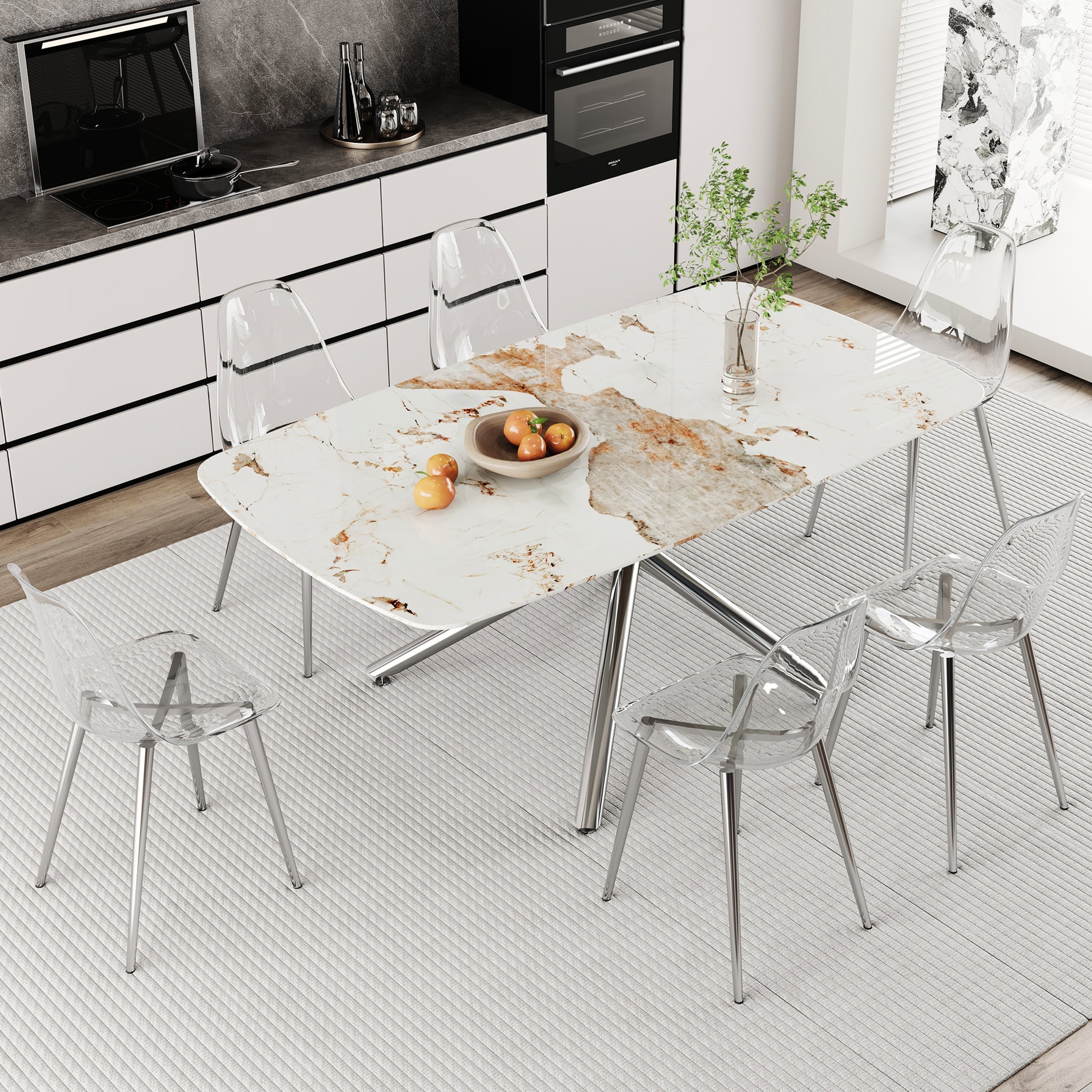 White Marble- Tempered Glass Table And 6 Transparent Plastic Chairs ...