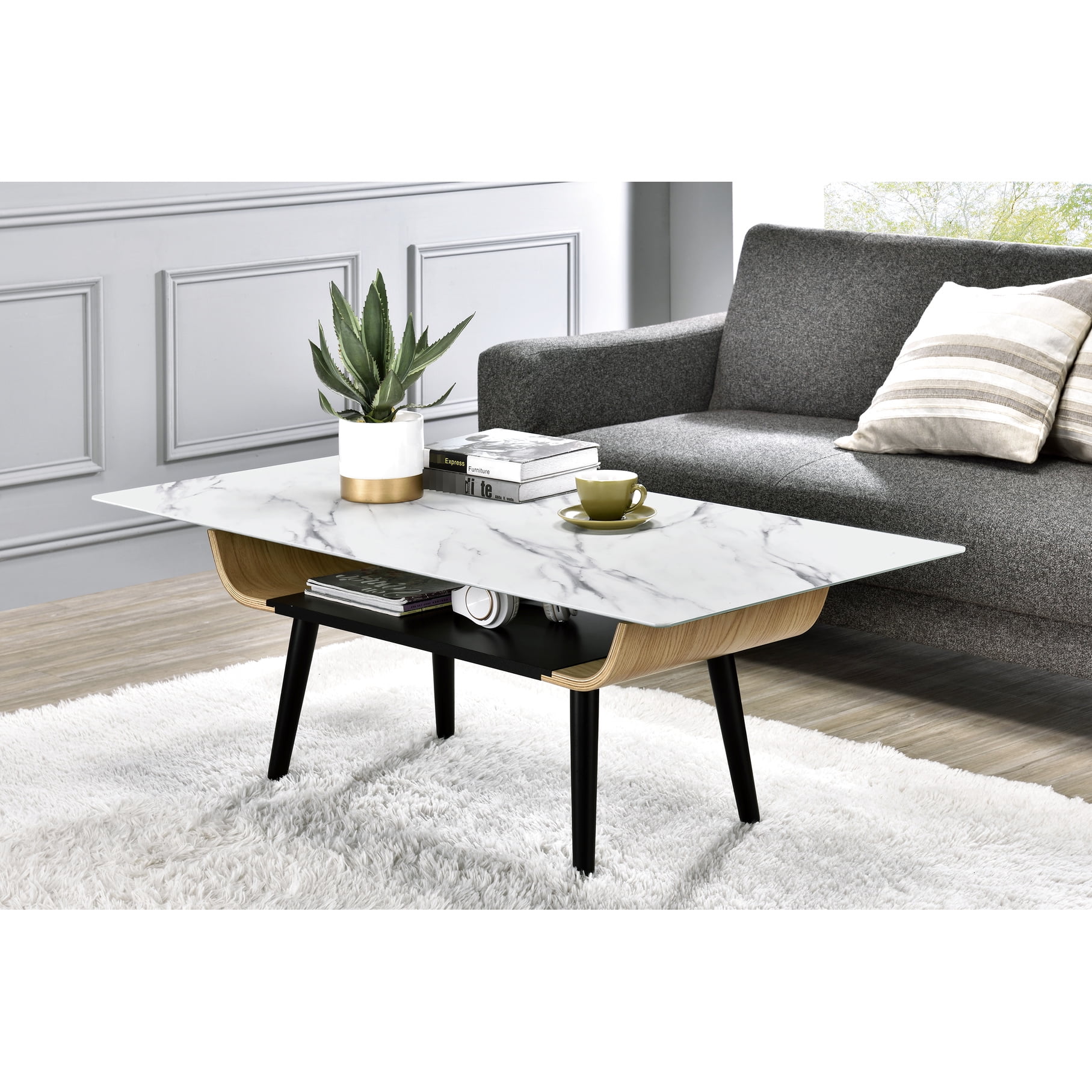 White Marble Texture Coffee Table 47", Bent Wood, Adjustable Leveling ...