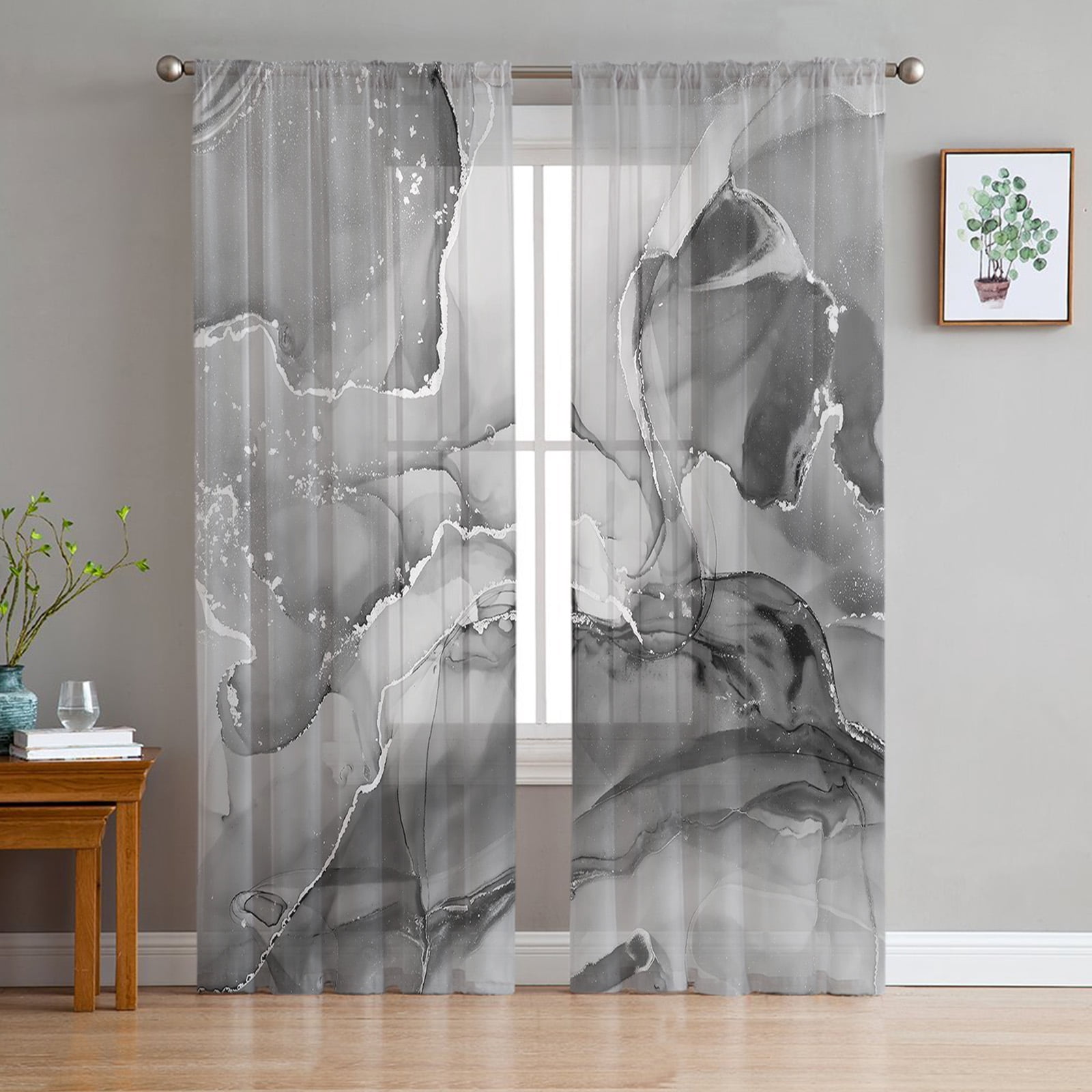 White Marble Texture Pink Triangle Tulle Sheer Curtains for Living Room ...