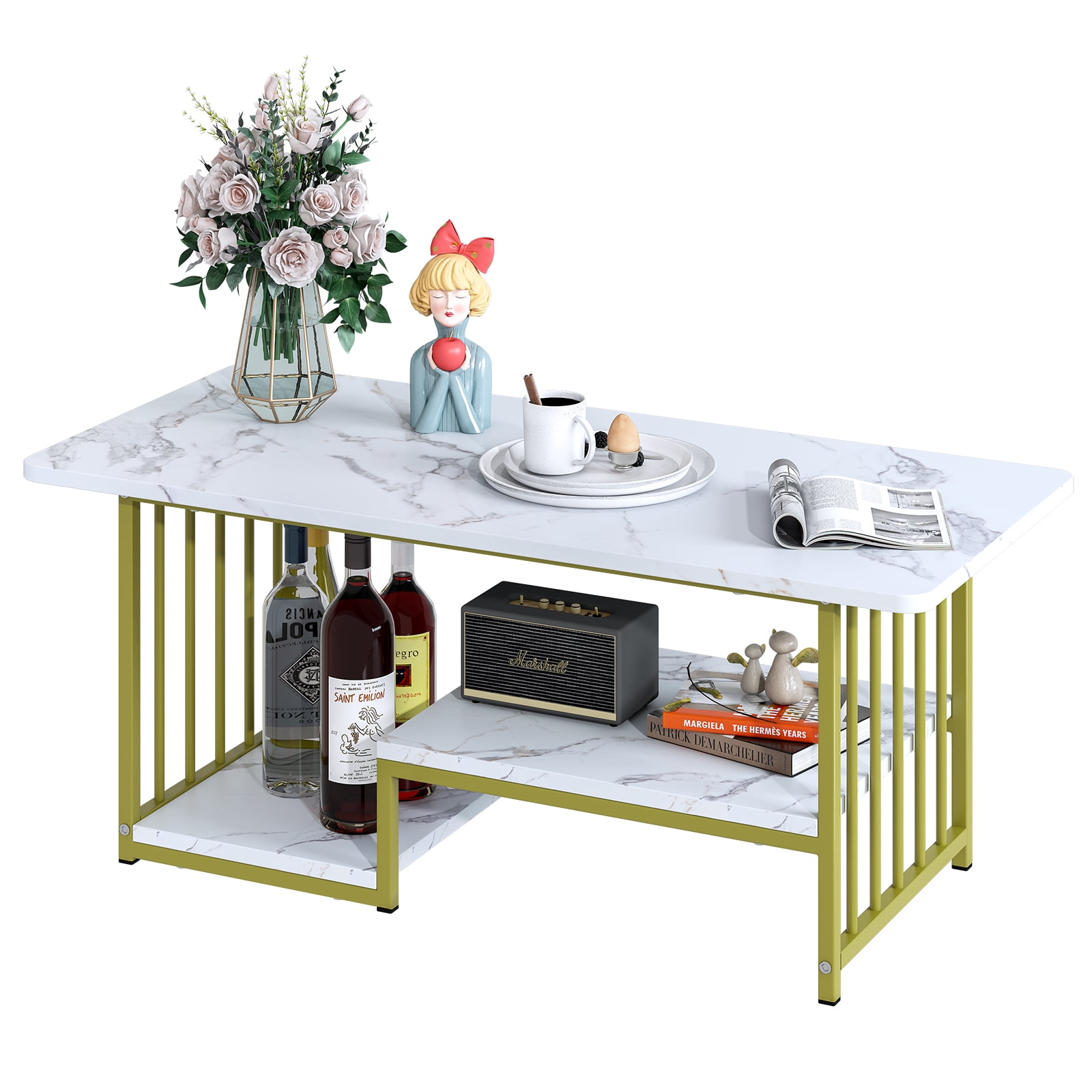 White Marble Top Coffee Table with Bottom Shelf - Walmart.com