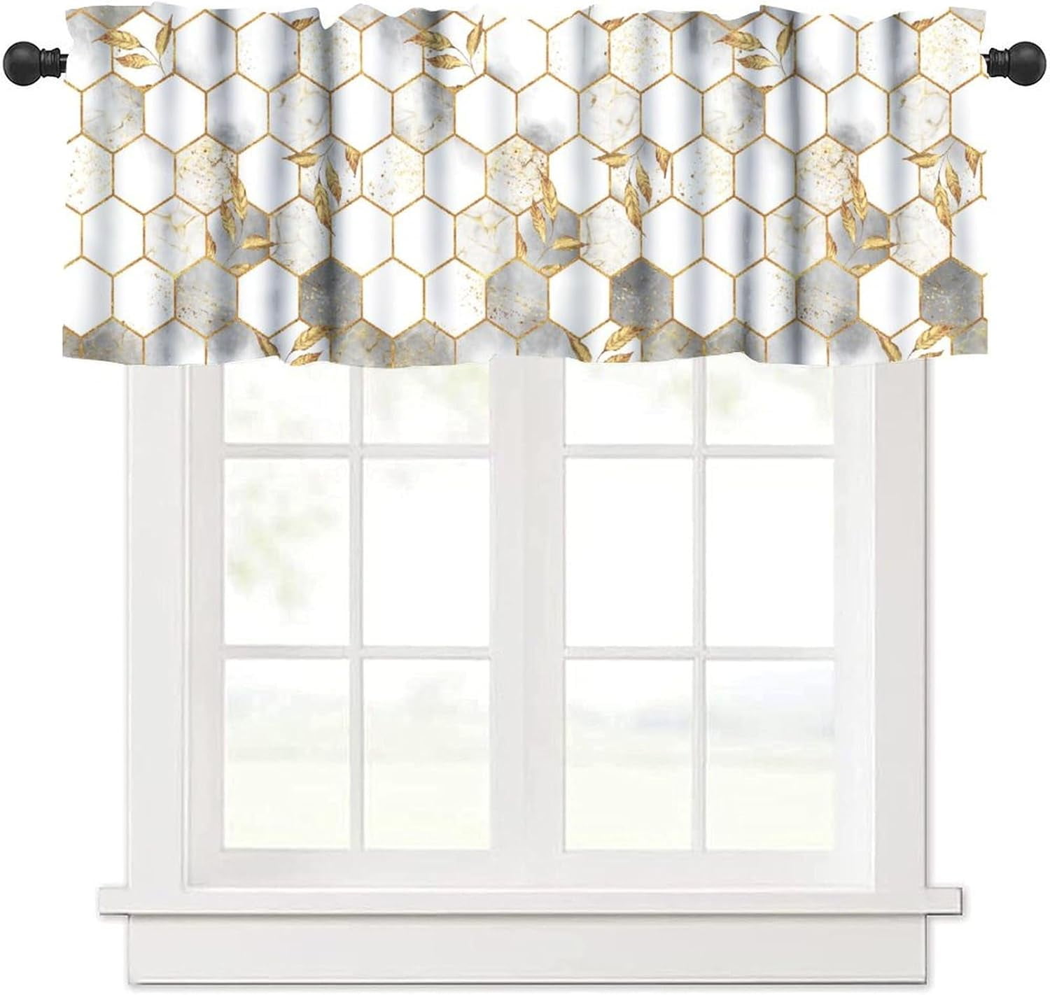 White Marble Valance Curtain Abstract Gold Leaves Geometric Rod Pocket ...