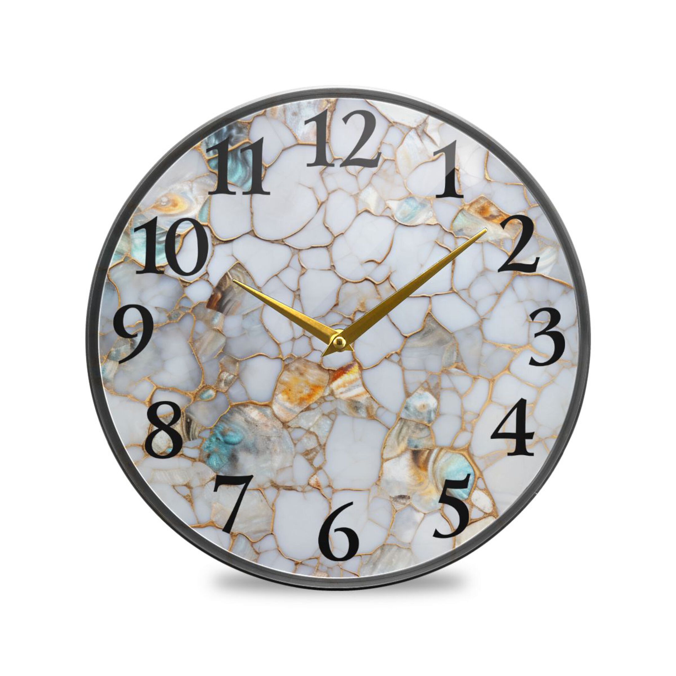 White Marble Wall Clocks Battery Operated 9.5 Inch Round Clock Acrylic ...