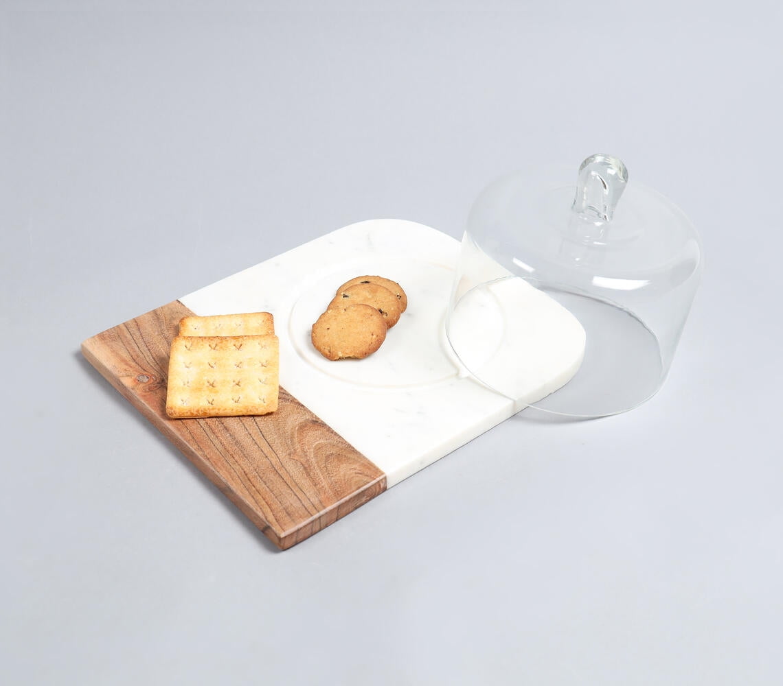 White Marble & Wood Colorblock Cake Platter With Glass Dome - Walmart.com