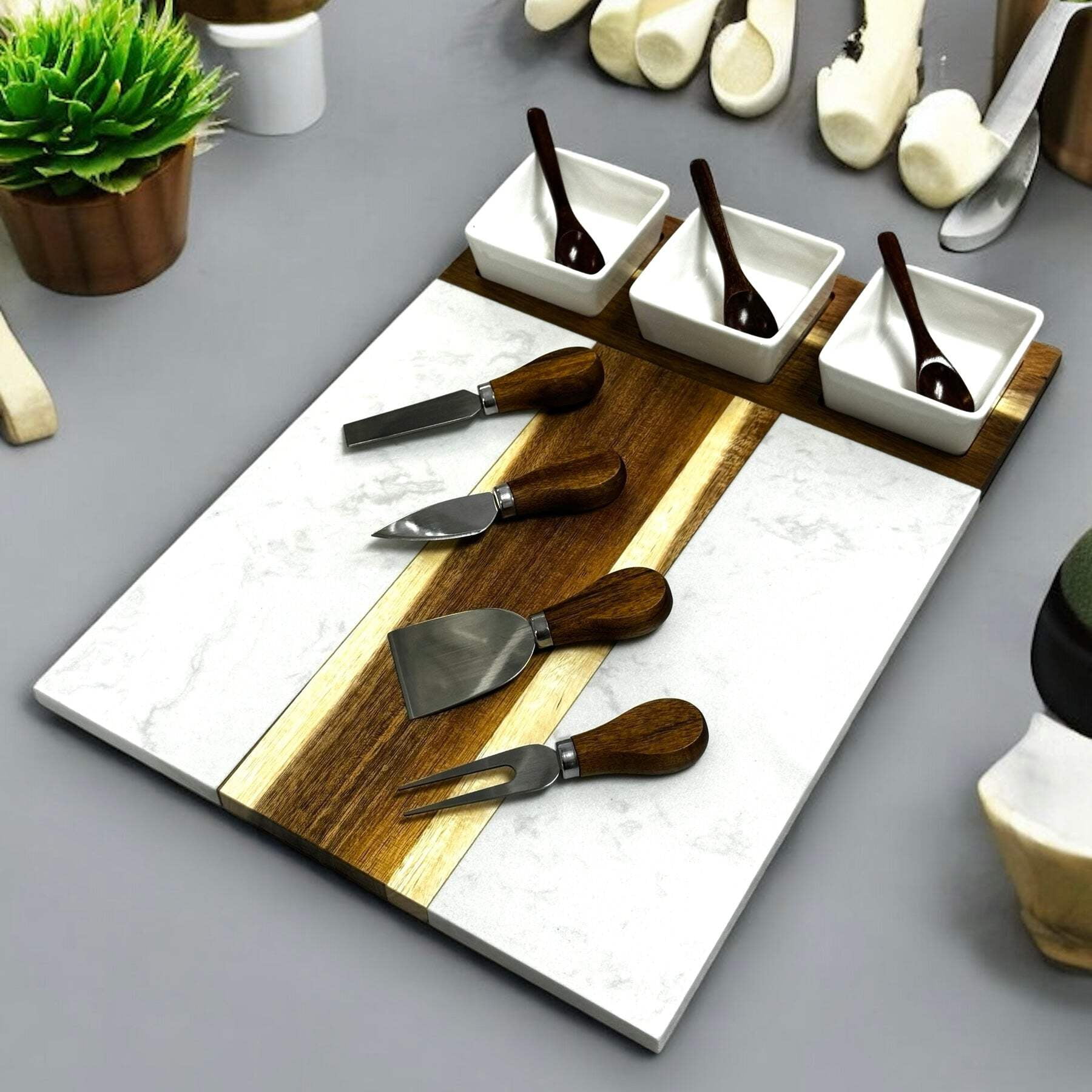 White Marble and Wood Cheese Cutting Board with Stainless Steel Cutting ...