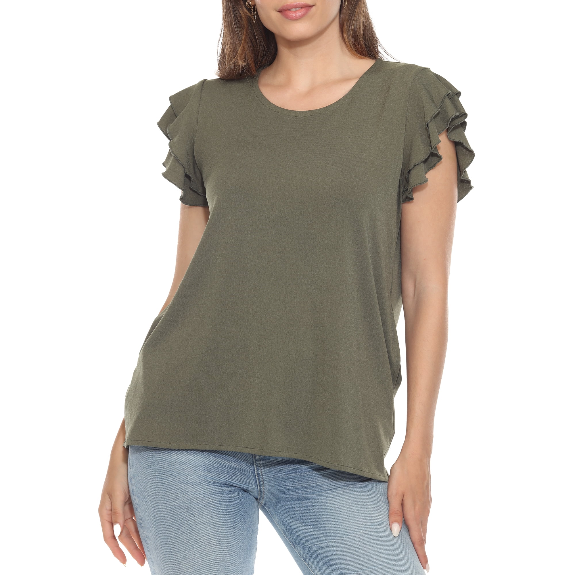 White Mark Ruffle Sleeve Solid Top (Women's) - Walmart.com