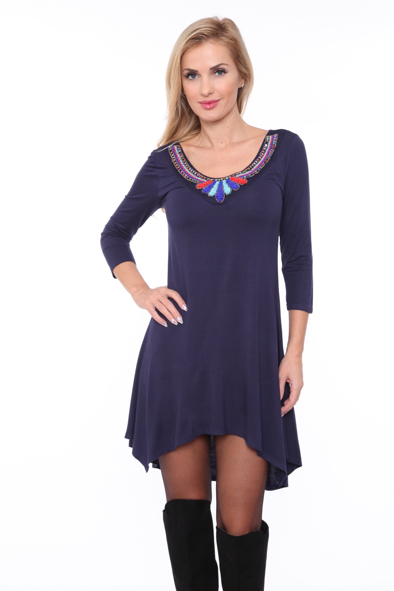 White Mark Women's 3/4 Sleeve Sol Soft Embellished Tunic - Walmart.com
