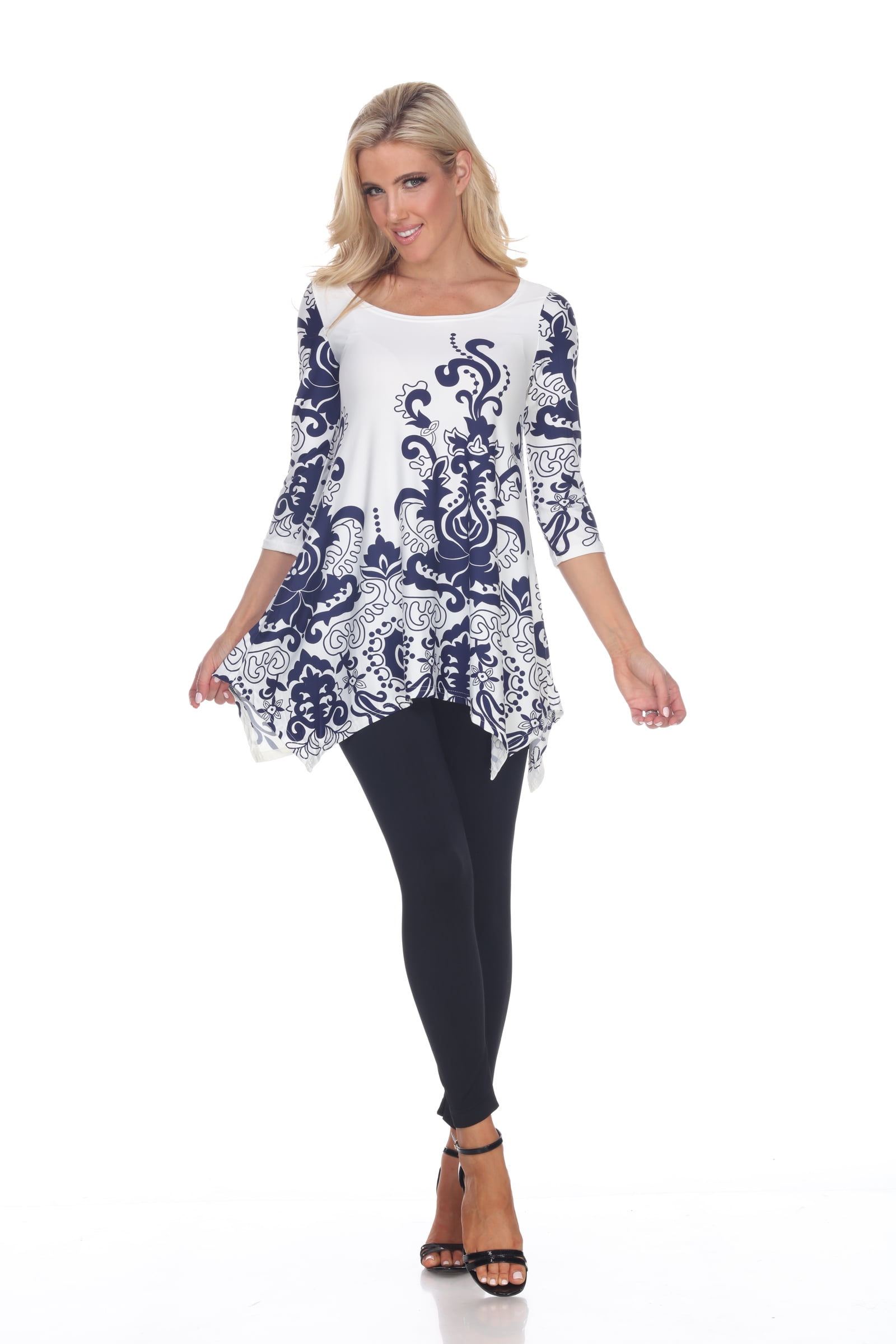 White Mark Women's Damask Print 3/4 Sleeve Tunic Top - Walmart.com