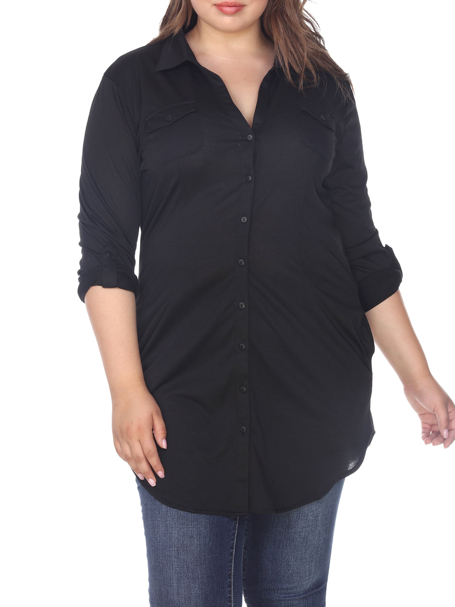 White Mark Women's Plus Size Super Stretch Button-Front Tunic Top ...
