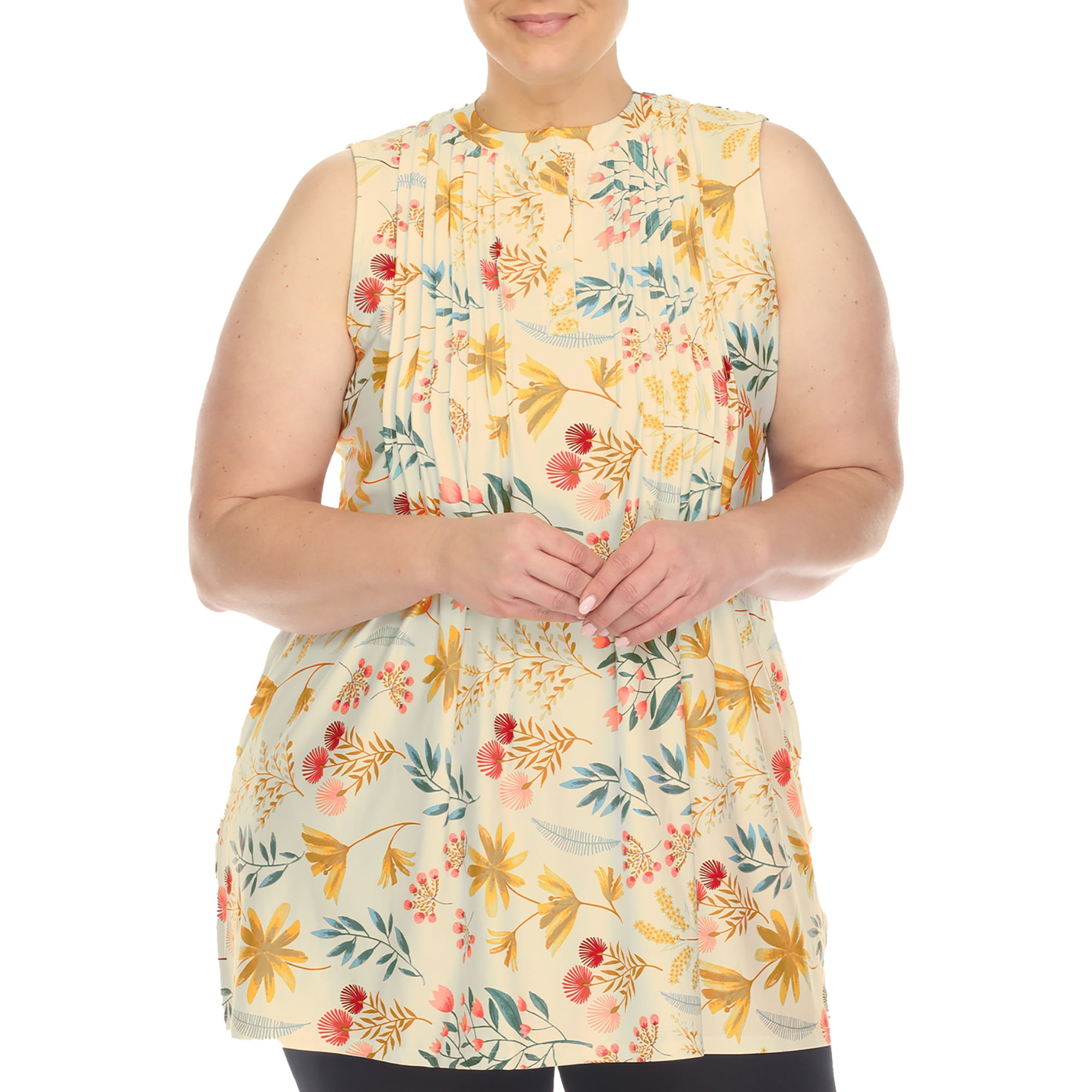 White Mark Women's Sleeveless Floral Pleated Tunic Top with Pockets ...