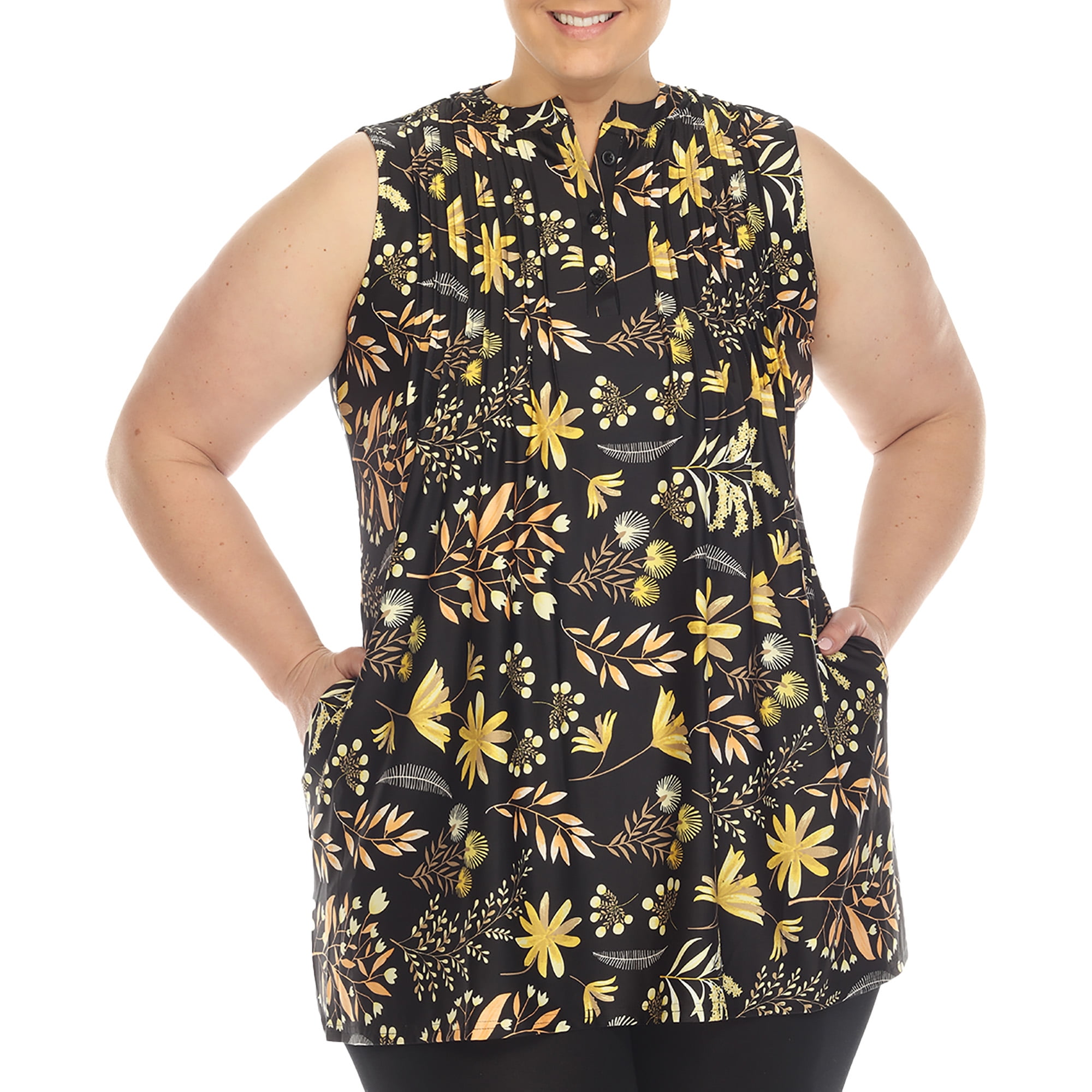 White Mark Women's Sleeveless Floral Pleated Tunic Top with Pockets ...
