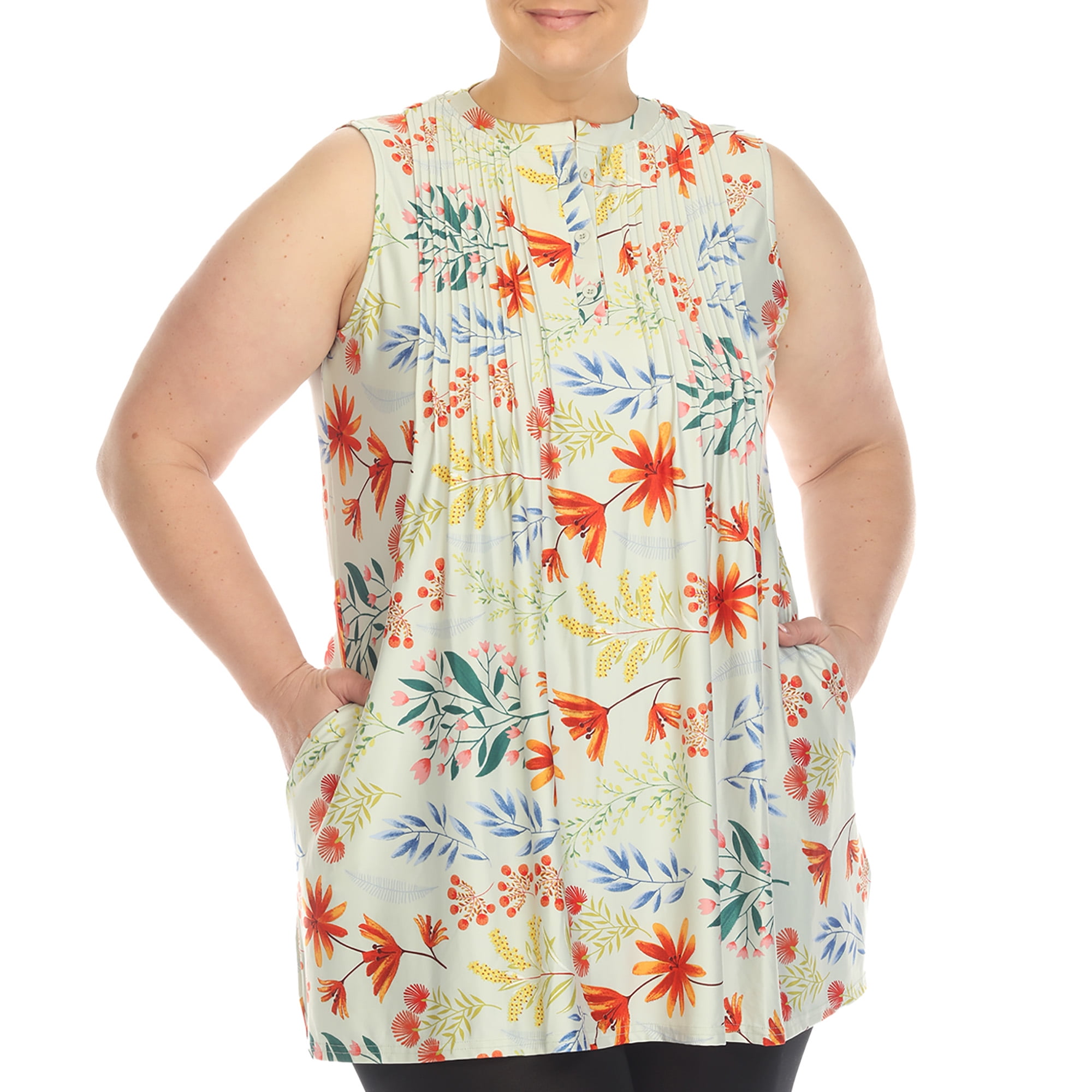 White Mark Women's Sleeveless Floral Pleated Tunic Top with Pockets ...