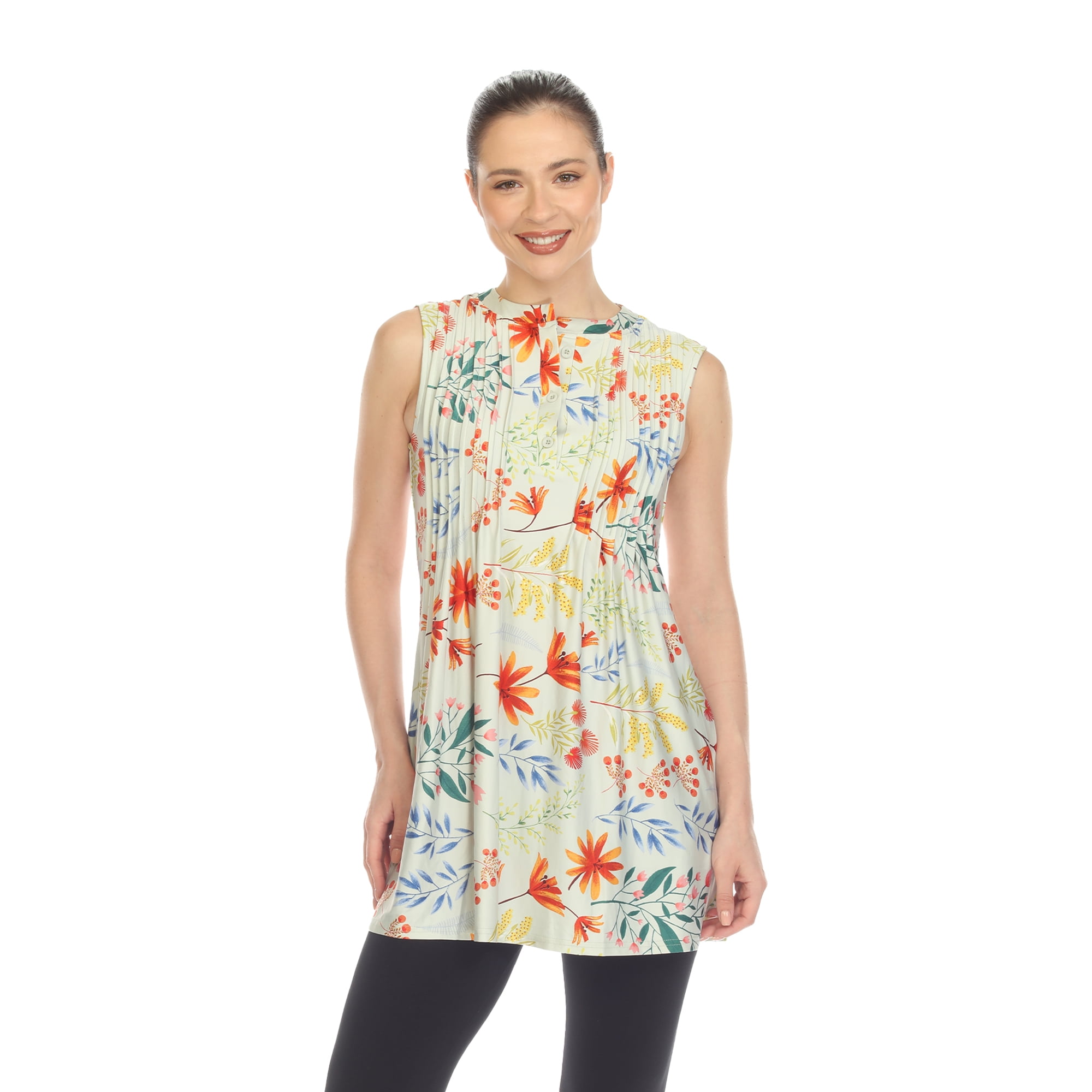 White Mark Women's Sleeveless Floral Pleated Tunic Top with Pockets ...