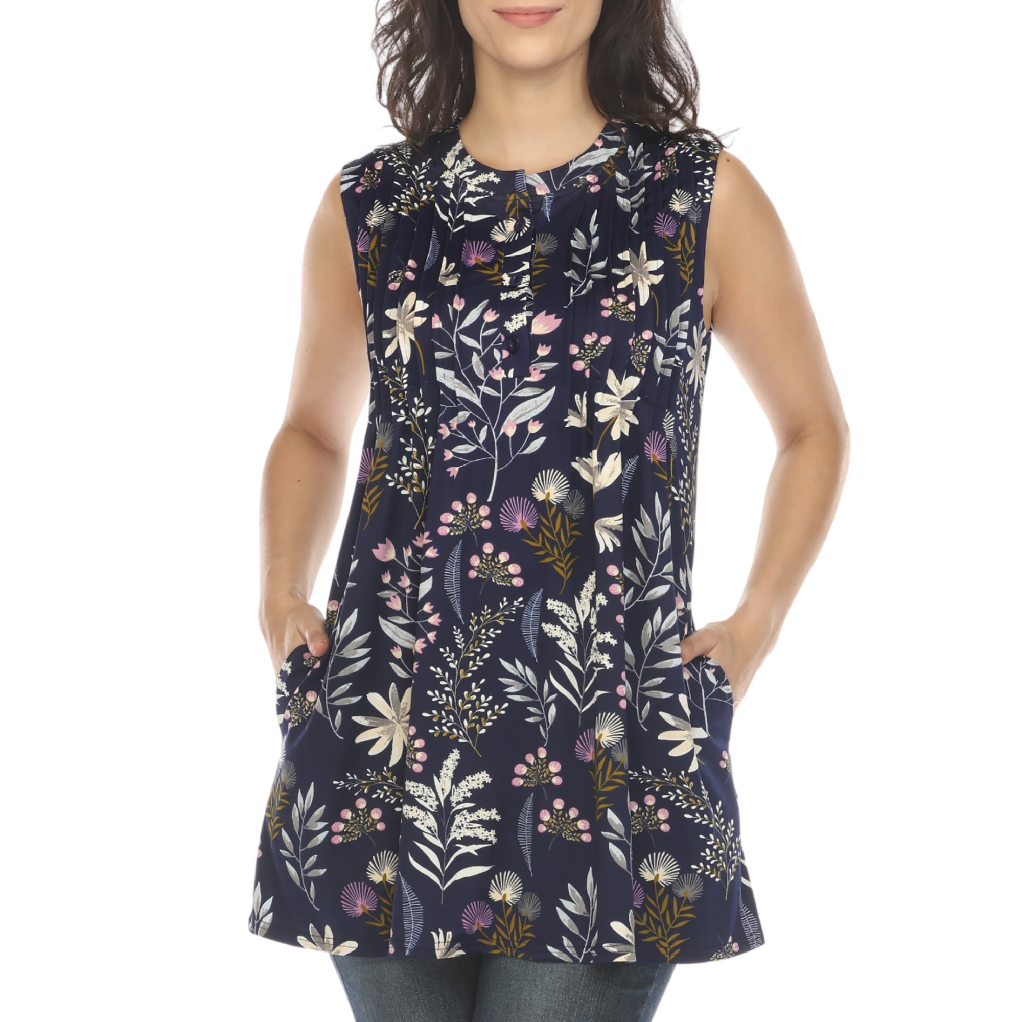 White Mark Women's Sleeveless Floral Pleated Tunic Top with Pockets ...
