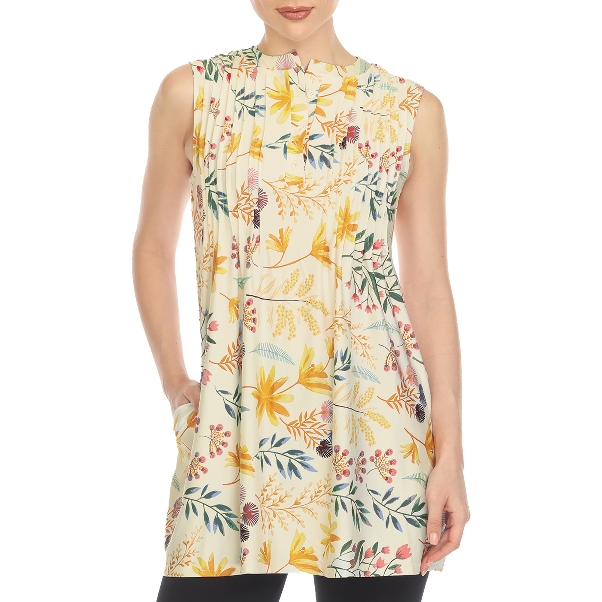 White Mark Women's Sleeveless Floral Pleated Tunic Top with Pockets ...