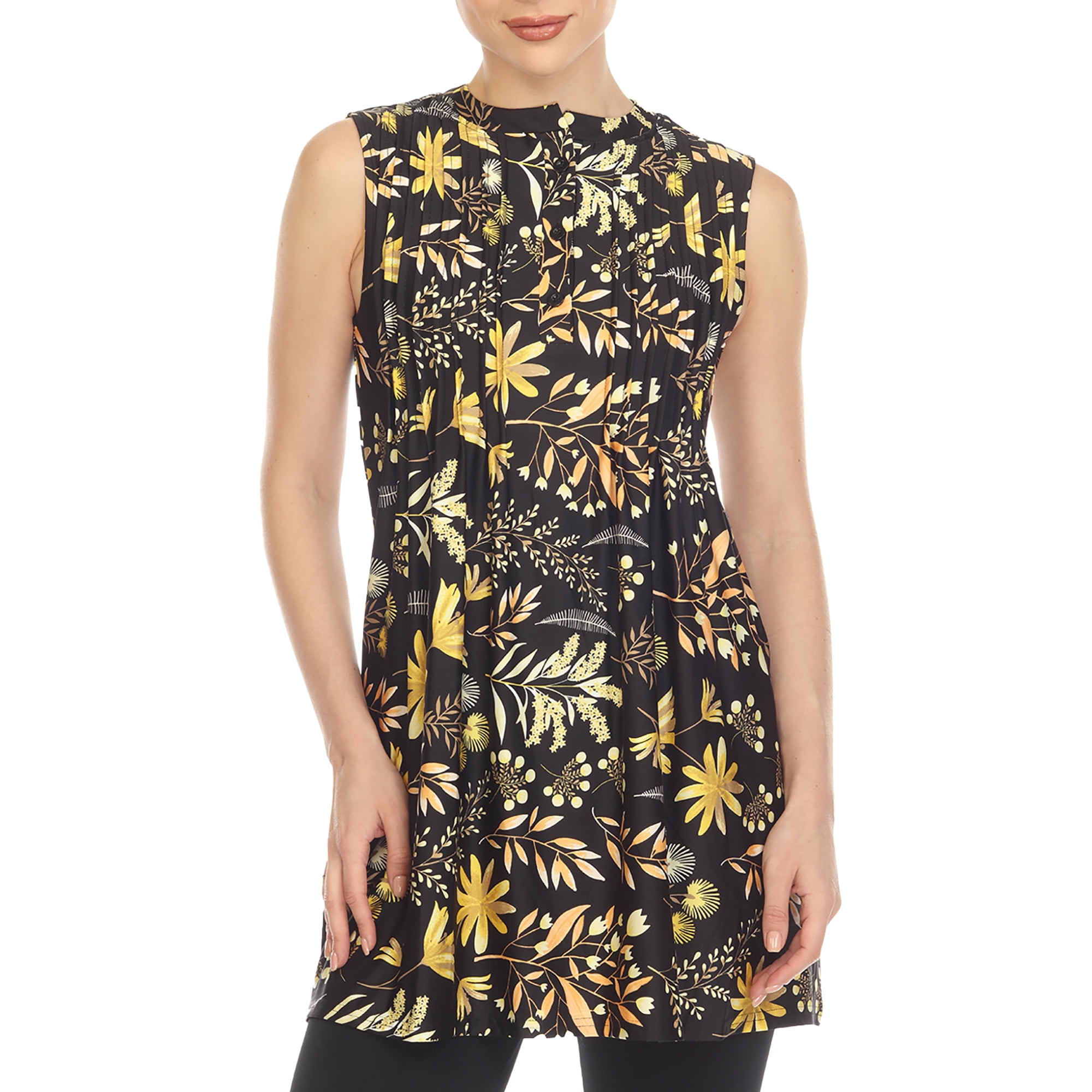 White Mark Women's Sleeveless Floral Pleated Tunic Top with Pockets ...