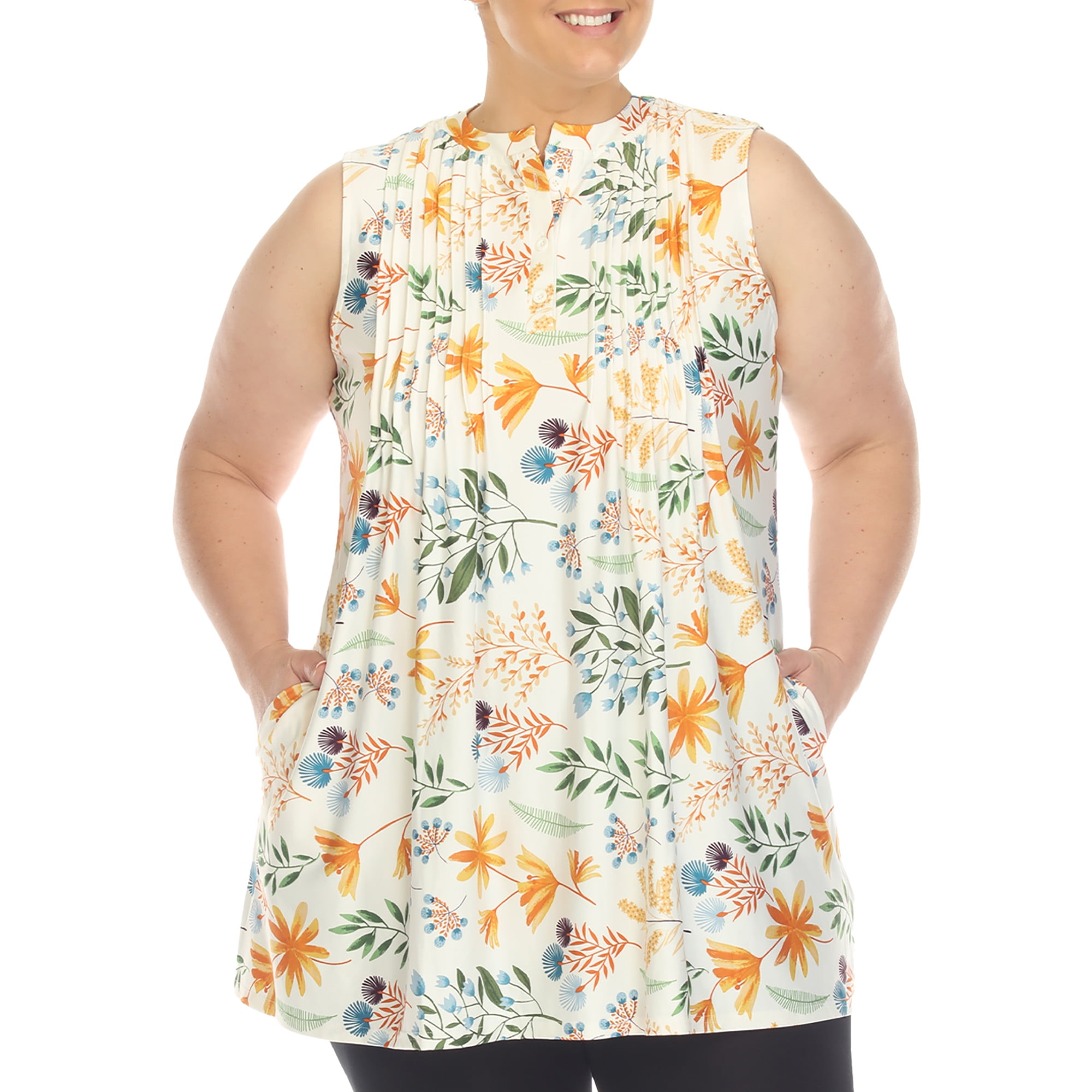 White Mark Women's Sleeveless Floral Pleated Tunic Top with Pockets ...