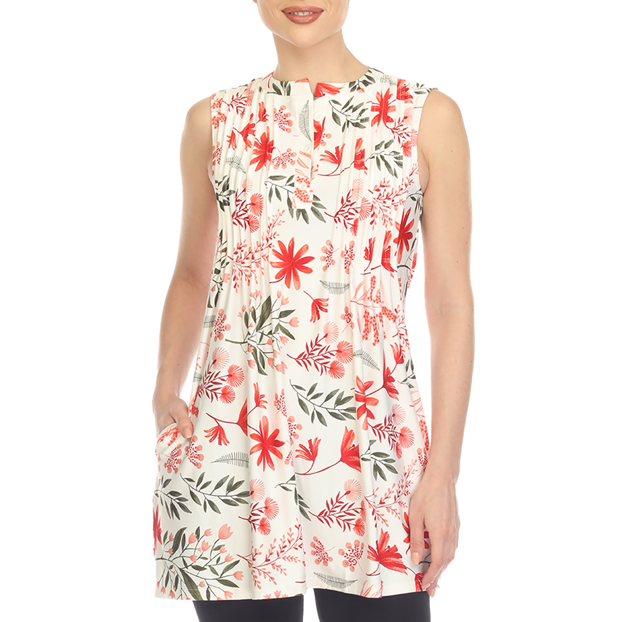White Mark Women's Sleeveless Floral Pleated Tunic Top with Pockets ...