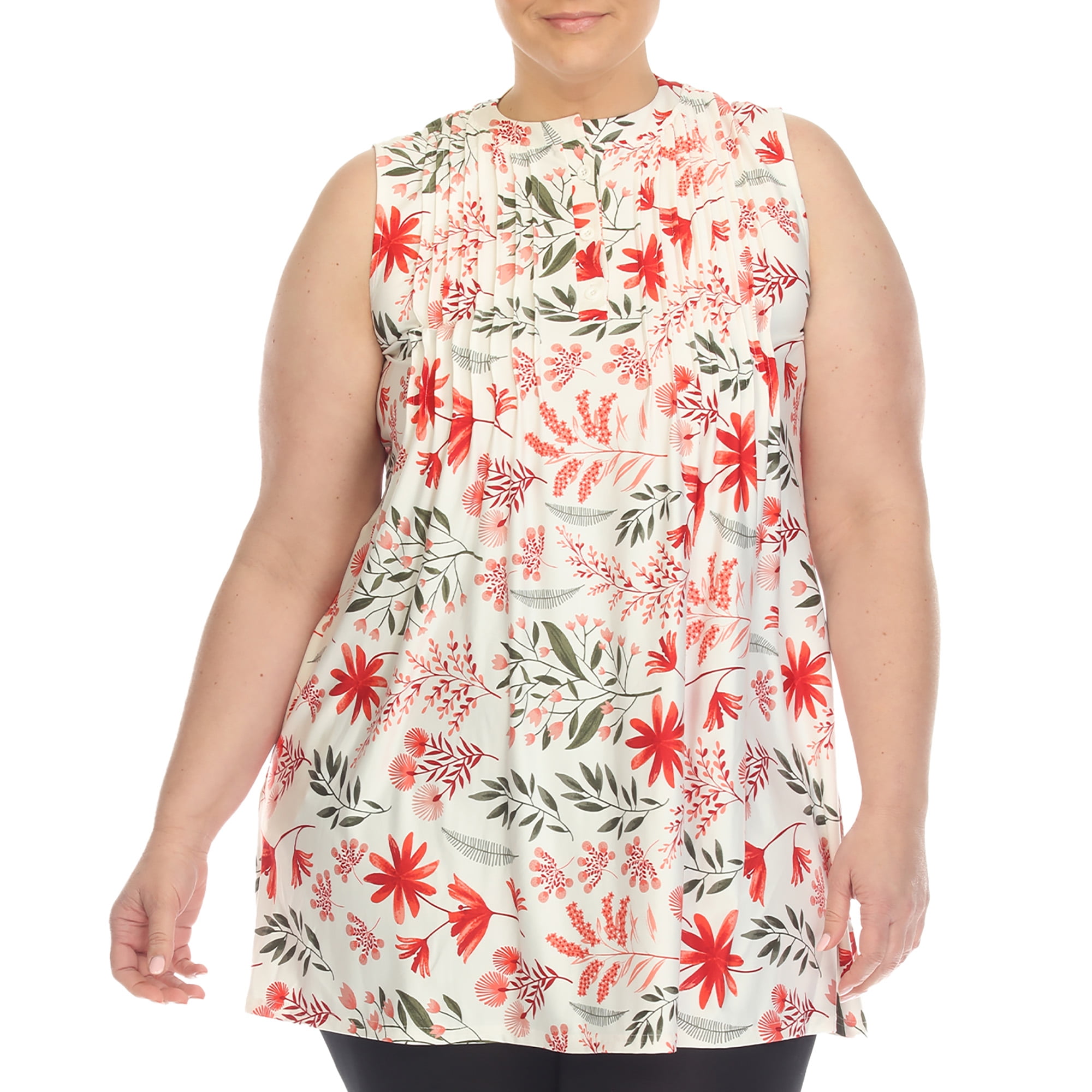 White Mark Women's Sleeveless Floral Pleated Tunic Top with Pockets ...