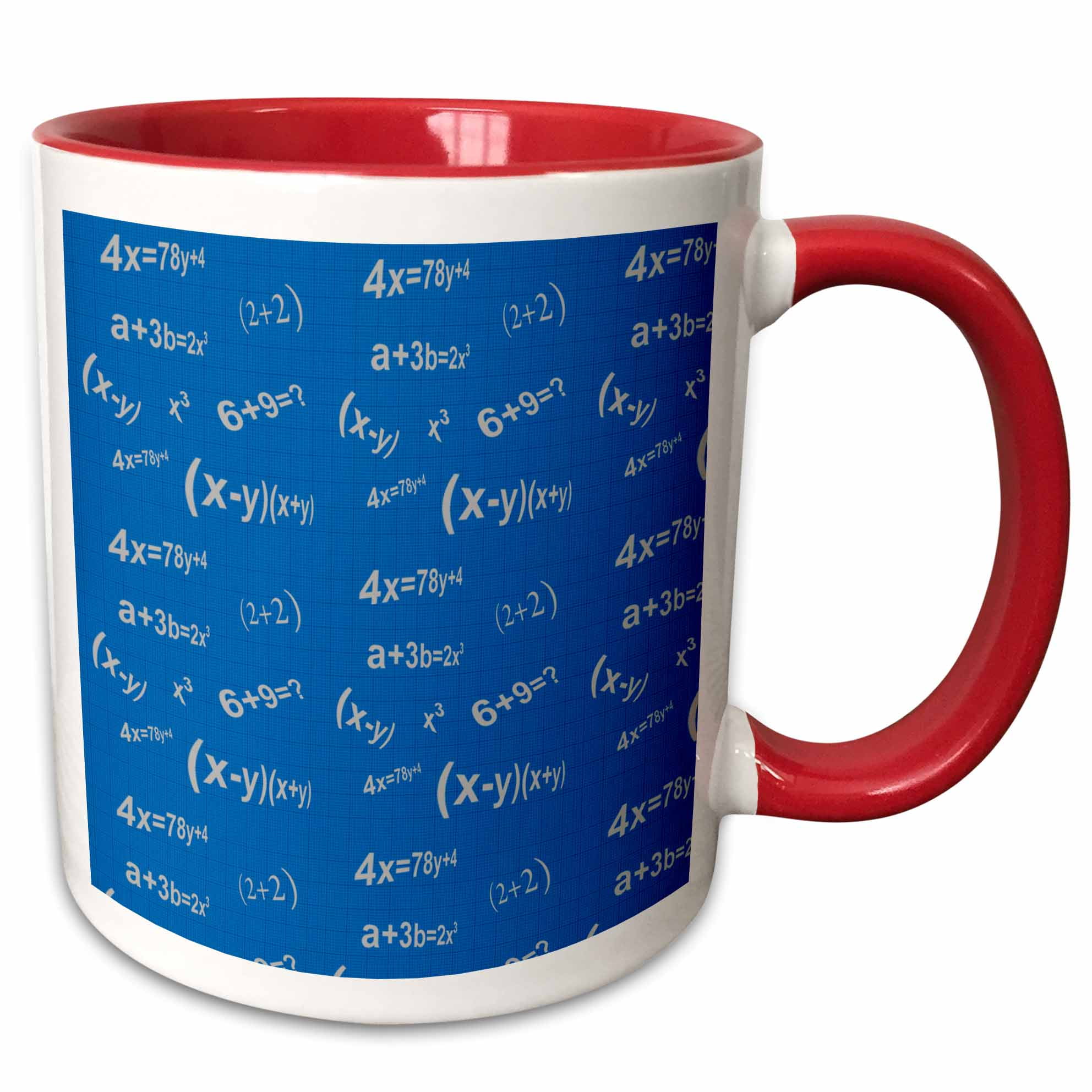 3drose, White Math Formulas on a Blue Background, 15oz Two-tone Red Mug ...