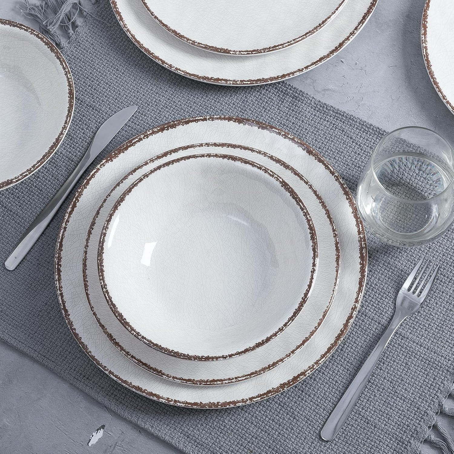 White Melamine Farmhouse Plates and Bowls Set, Rustic White Dinnerware ...