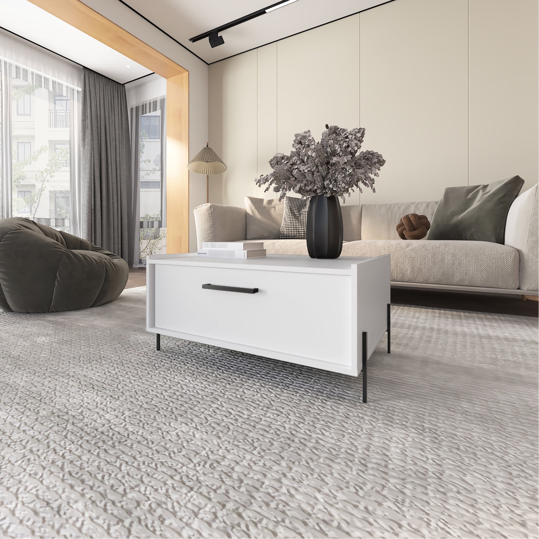 White Melamine Freestanding Coffee Table | Flip-Down Door for ...