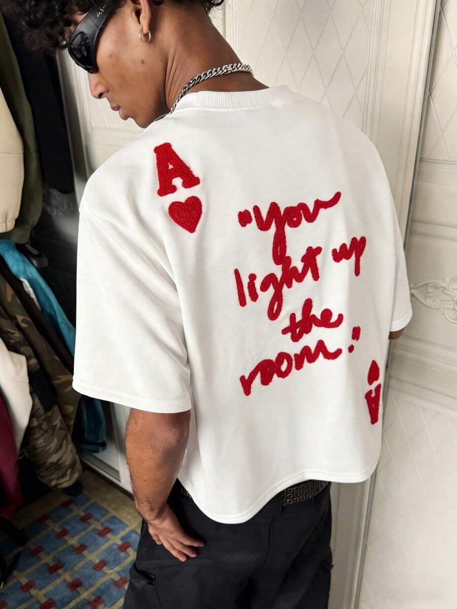 White Mens Embroidered Slogan Loose Fit Round Neck T-Shirt With Ace Of ...